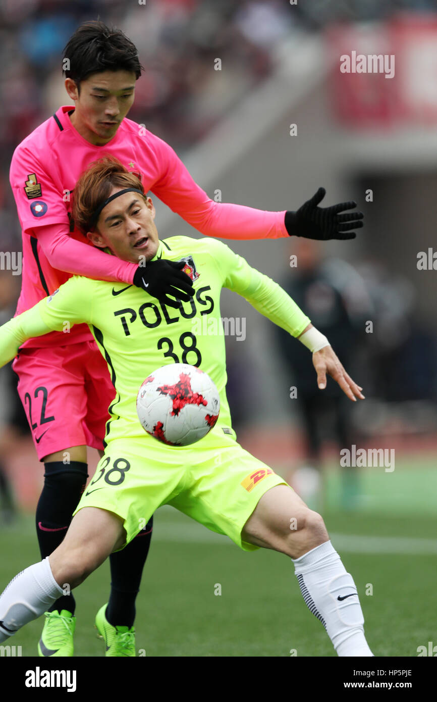 Kanagawa, Japan. 18th Feb, 2017. (L to R) Daigo Nishi (Antlers), Daisuke Kikuchi (Reds) Football ...