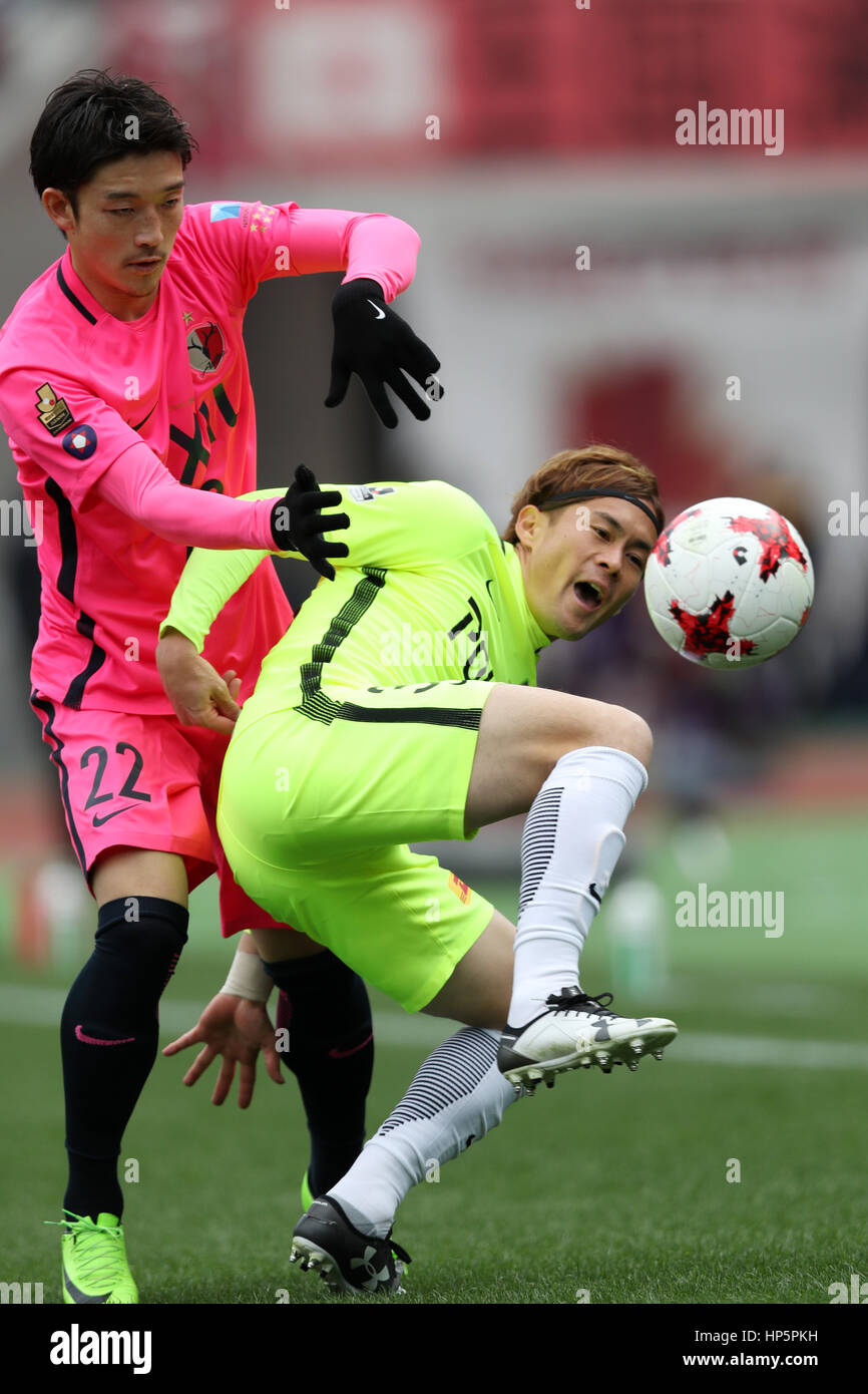 Kanagawa, Japan. 18th Feb, 2017. (L to R) Daigo Nishi (Antlers), Daisuke Kikuchi (Reds) Football ...
