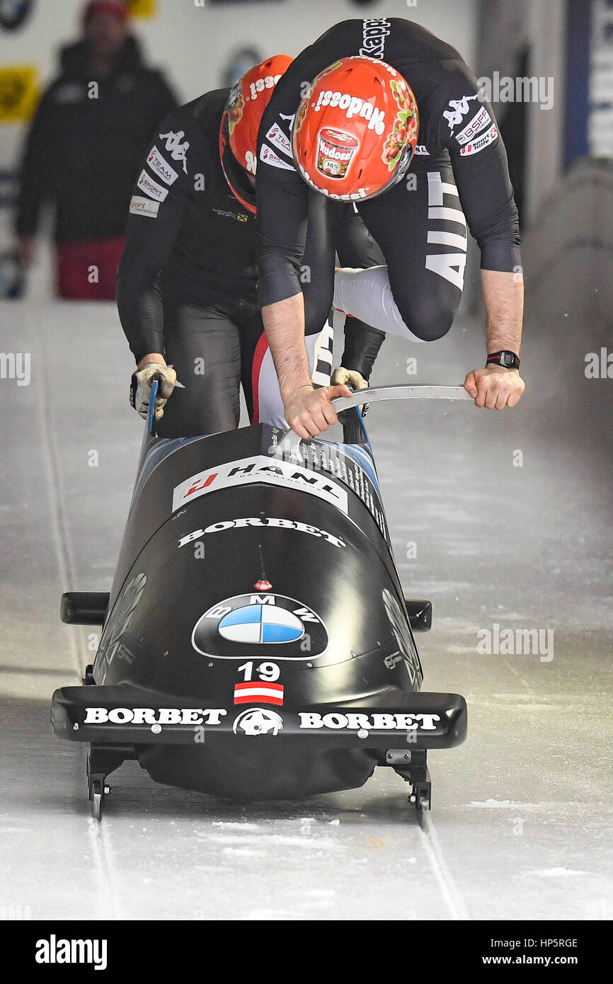 Deutsche Post Eisarena, Koenigssee, Germany, 18th February, 2017. Bob und Skeleton WM Zweierbob ...