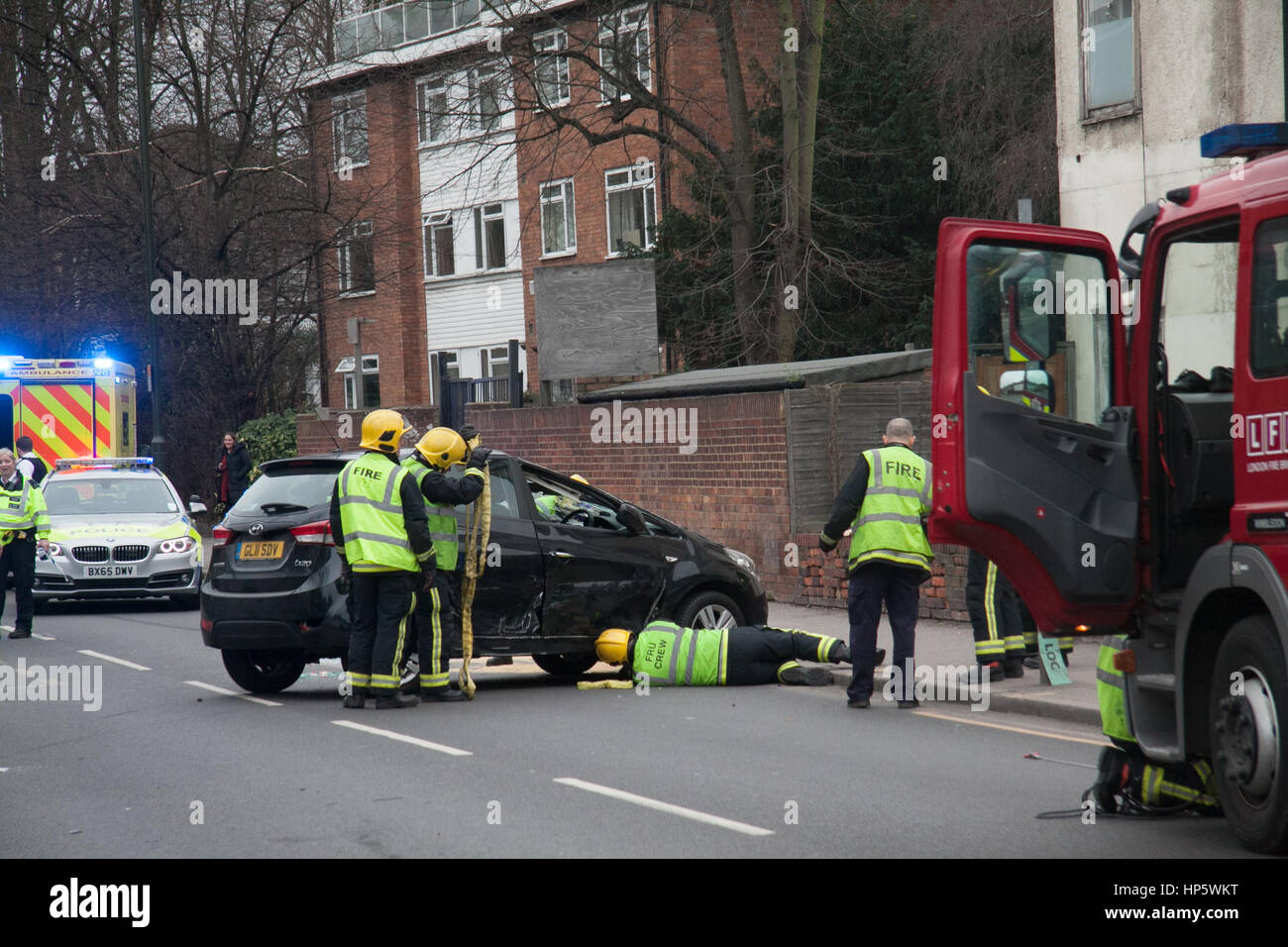 London UK. 19th February 2017. A serious car accident collision closes ...