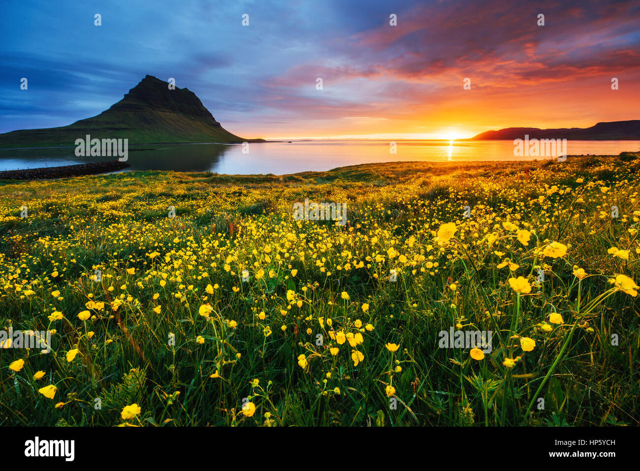 The picturesque sunset over landscapes and waterfalls. Kirkjufel Stock ...