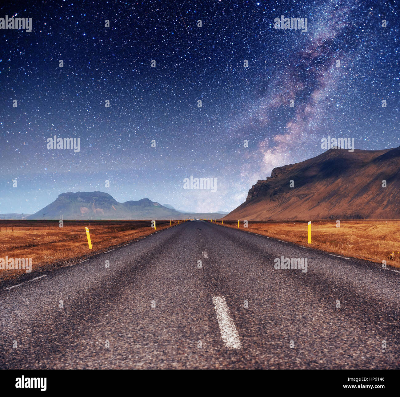 Fantastic starry sky and the milky way. Bridge over a channel co Stock ...