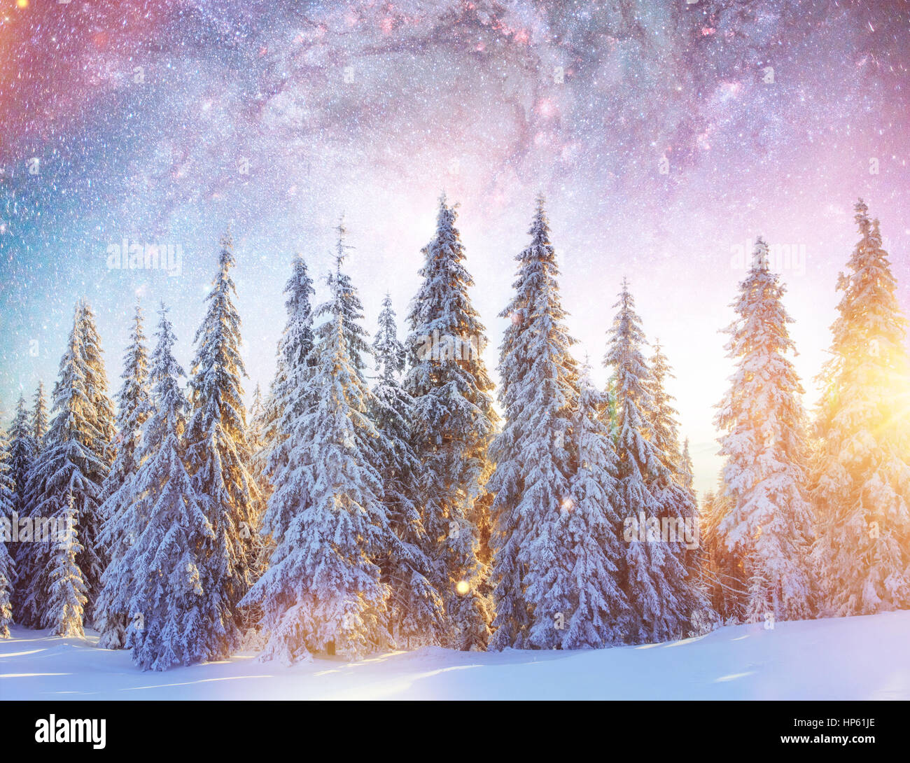 starry sky in winter snowy night. fantastic milky way in the New Stock Photo - Alamy