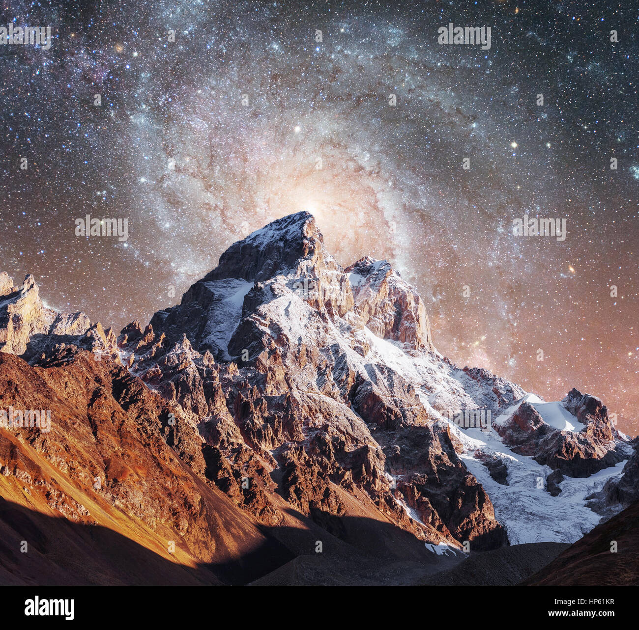 Fantastic starry sky. Courtesy of NASA. Autumn landscape and sno Stock ...