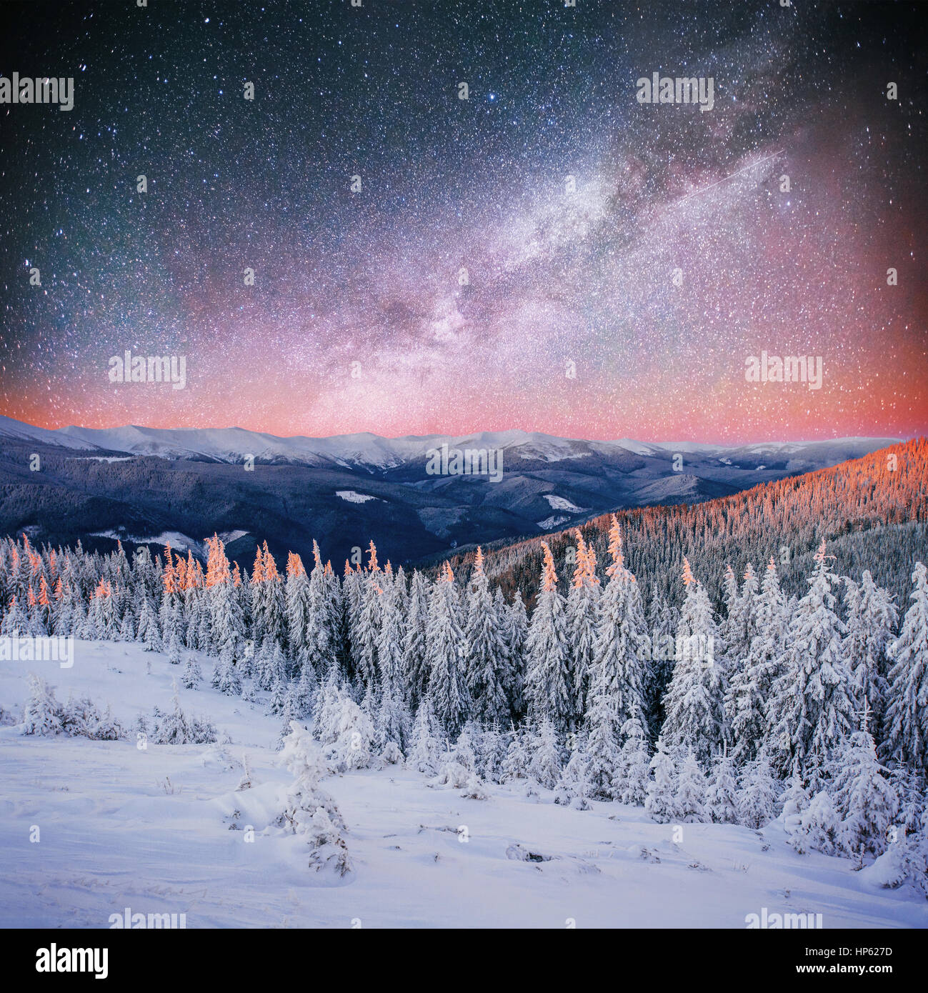 starry sky in winter snowy night. fantastic milky way in the New Stock ...