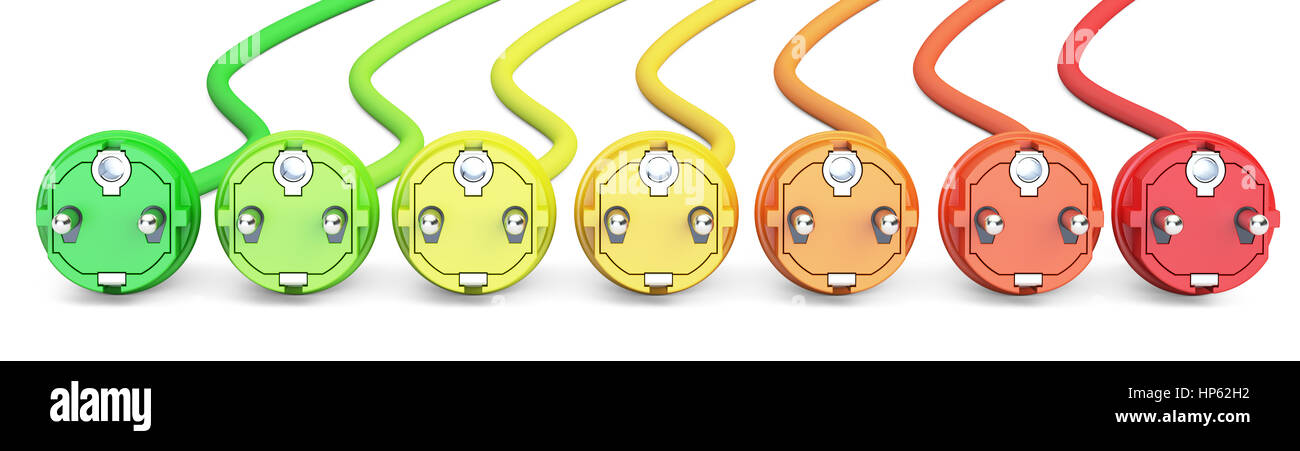 saving energy consumption concept, row from colored plugs. 3D rendering ...