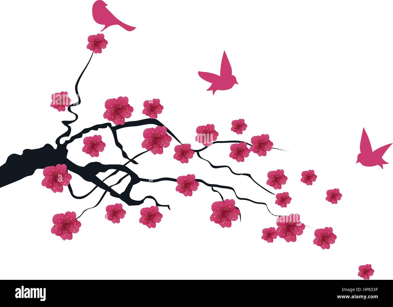 vector illustration of a cherry blossom branch with birds Stock Vector ...