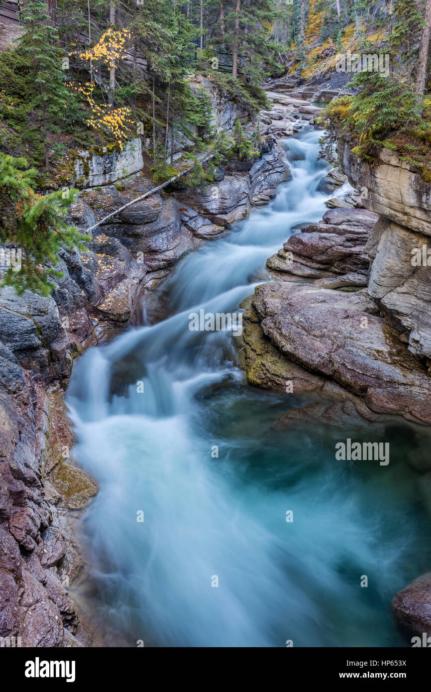 Maligne River in Autumn, scenic hike along Maligne river on the way to ...