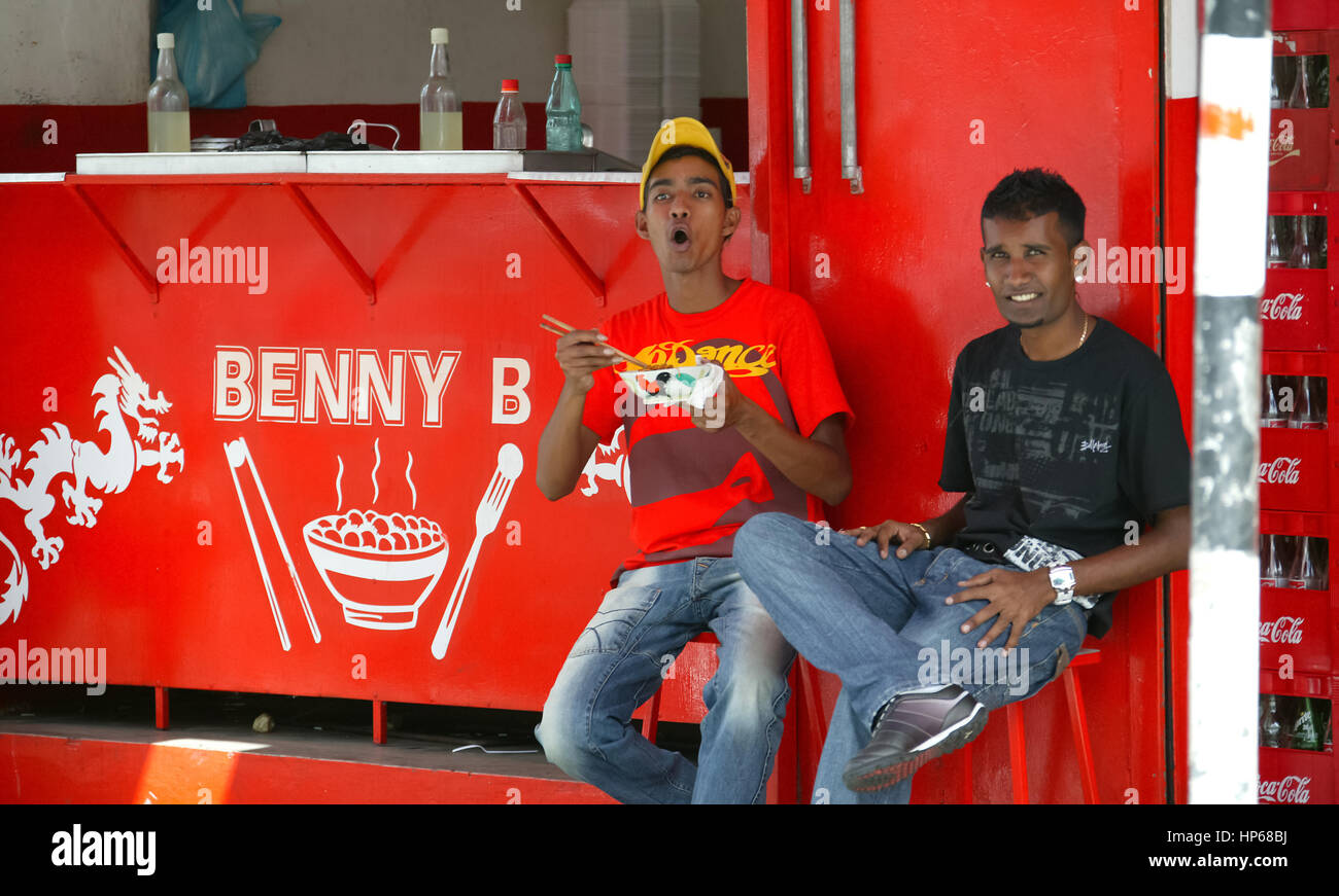 Caudan Waterfront in Port of Port Louis, fast food at Bennys Bar, two ...