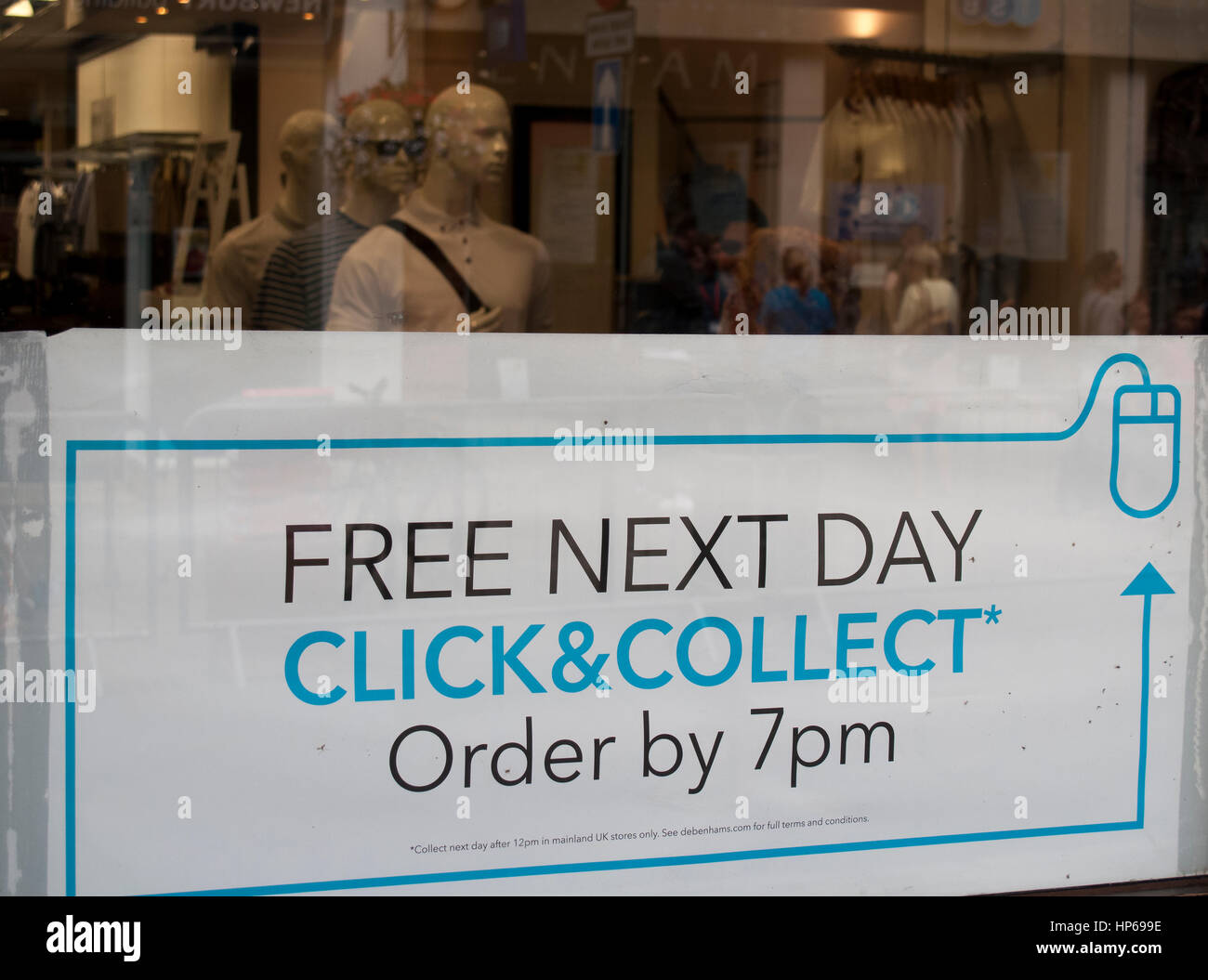 Debenhams Department Store click and collect sign in shop window Stock ...