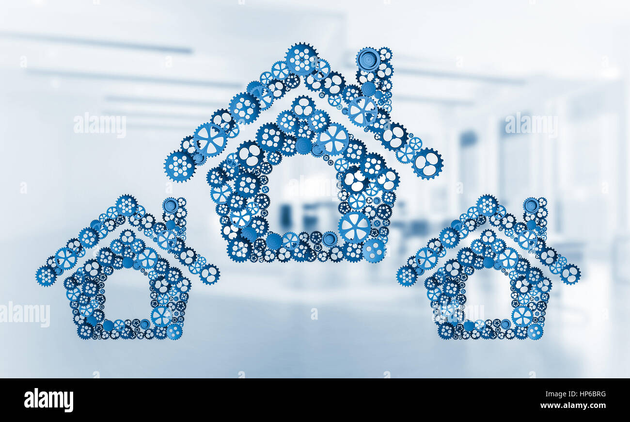 Conceptual background image with house sign made of connected gears. 3d ...