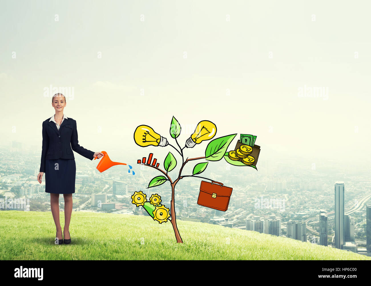 Attractive businesswoman presenting investment and financial growth ...