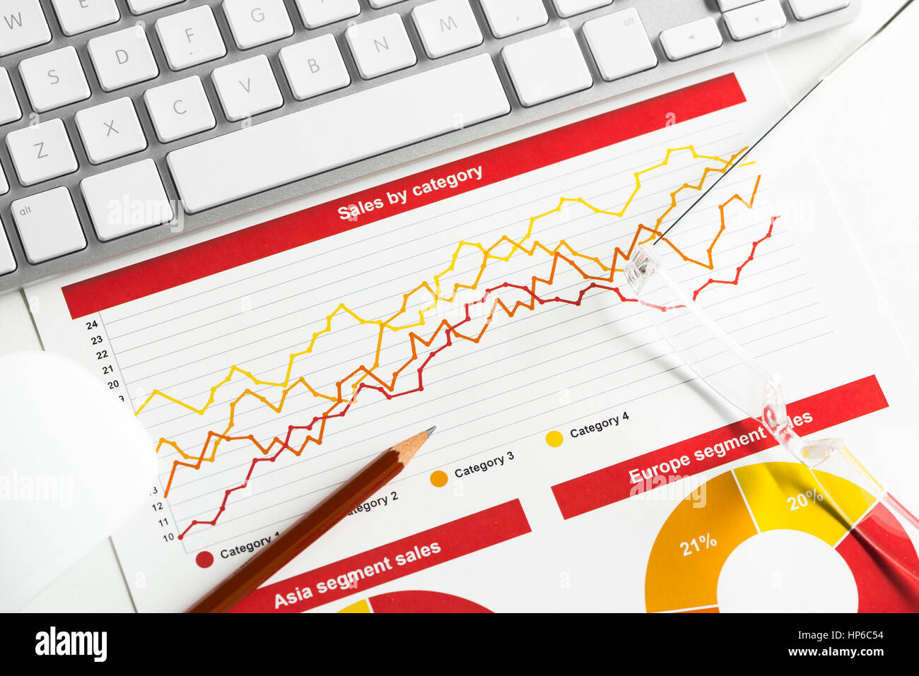 Business workplace with keyboard mouse and papers with graphs and ...