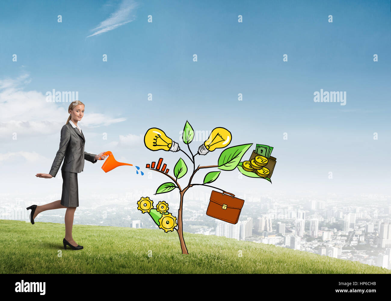 Attractive businesswoman presenting investment and financial growth ...