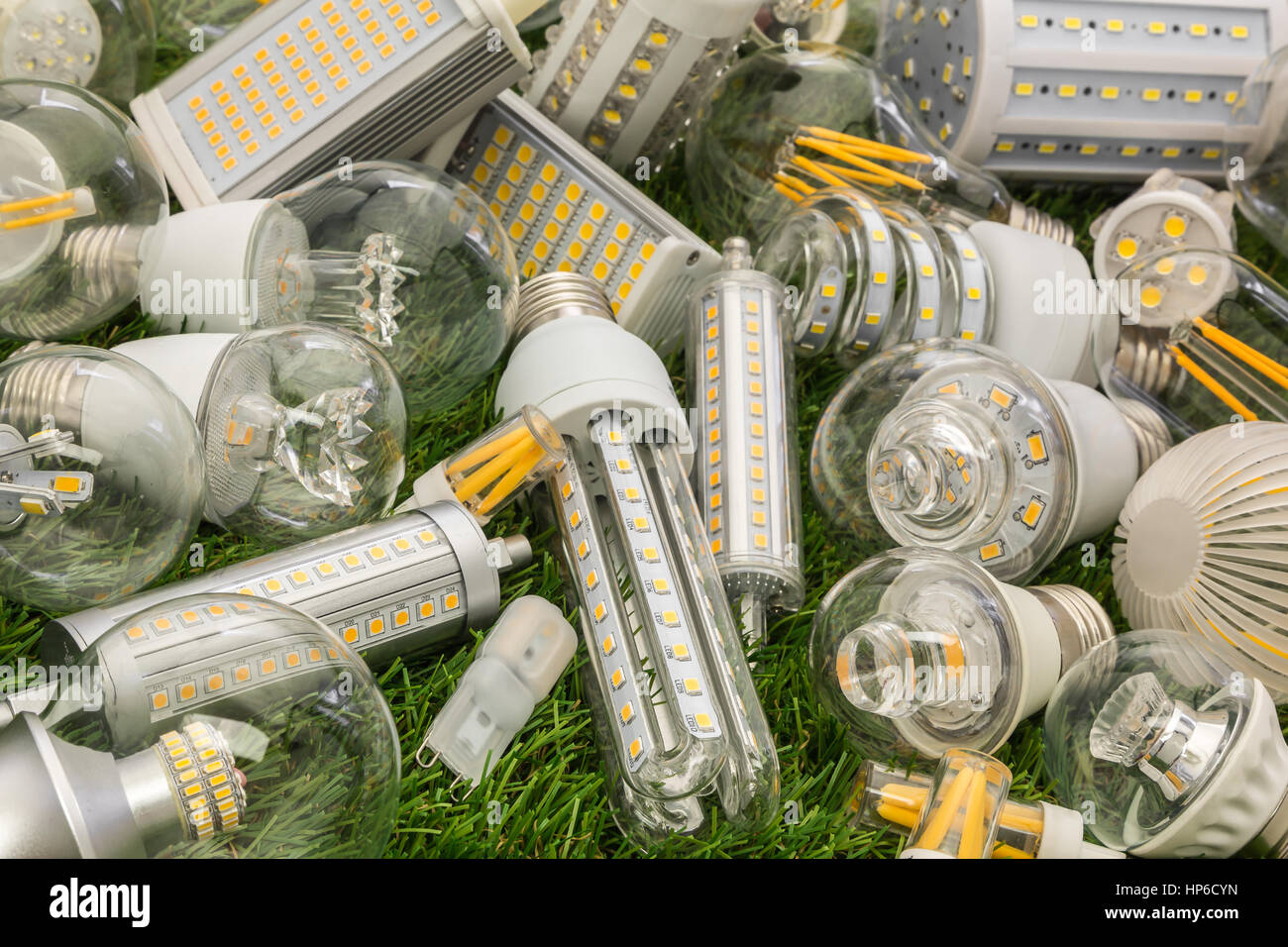 big family of eco LED bulbs of various types on the green grass Stock ...