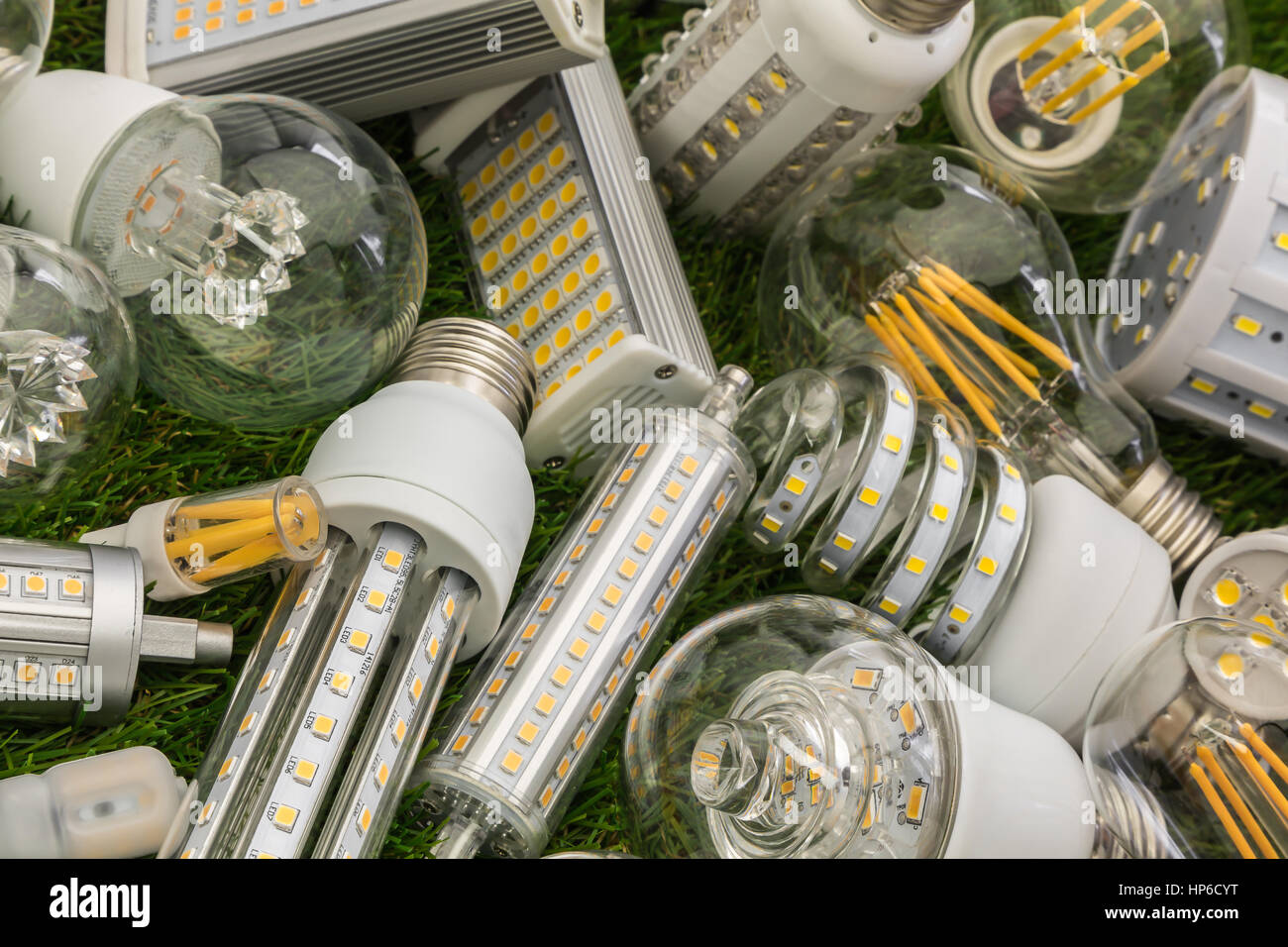 big family of eco LED bulbs of various types on the green grass Stock ...