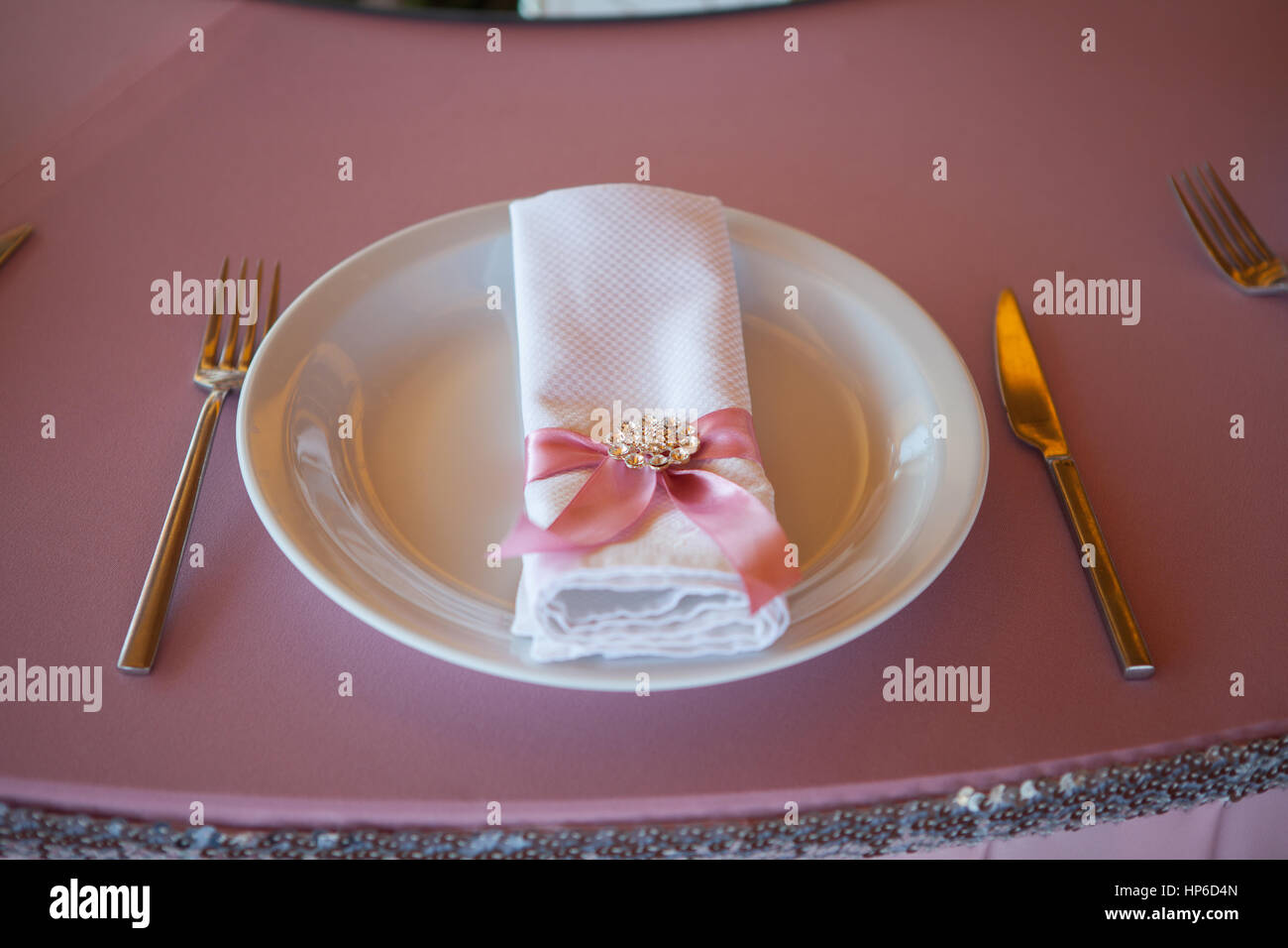 Table appointments in restaurant. Pink wedding preparation Stock Photo ...