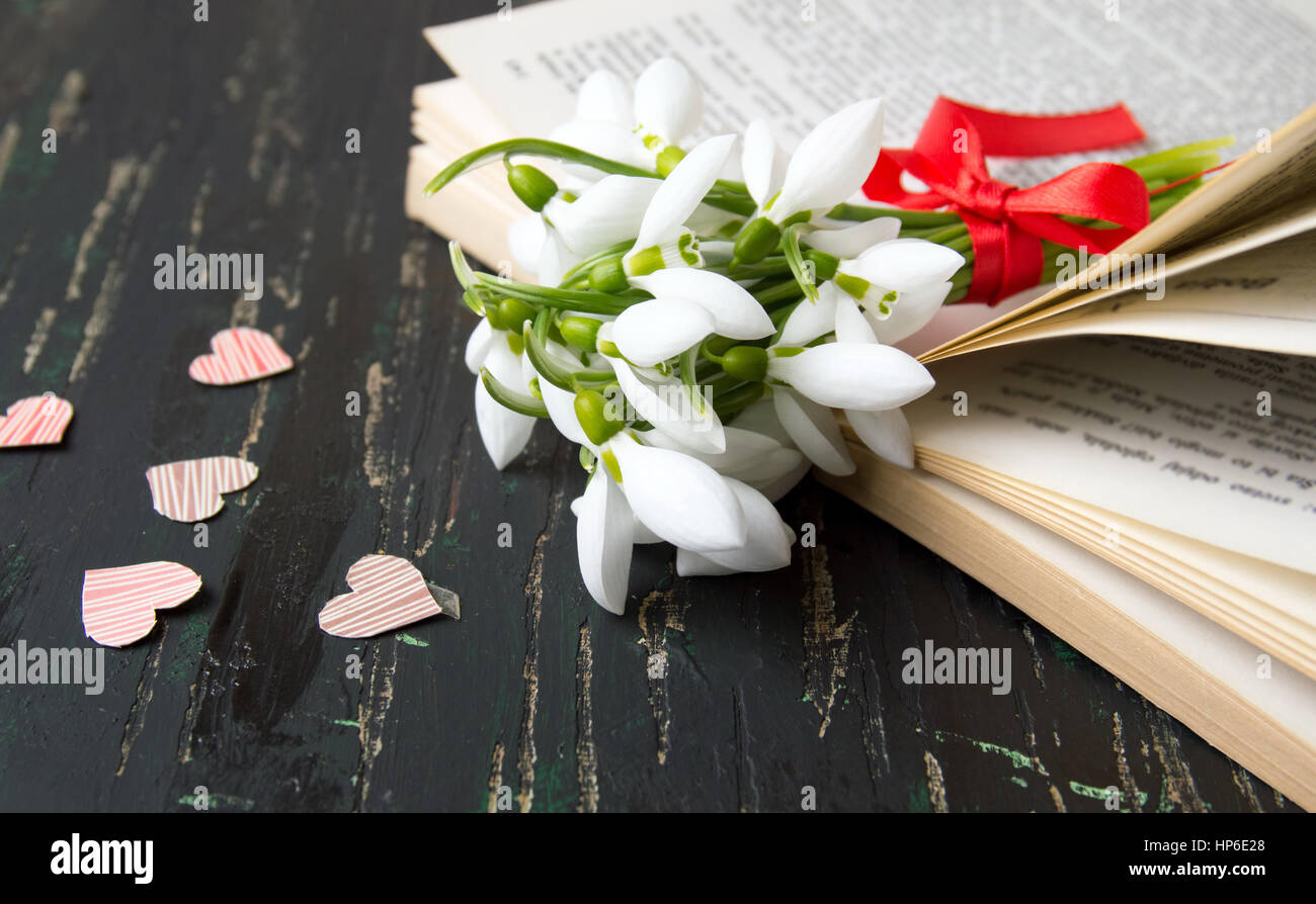 Snowdrops bouquet on a open book with hearts Stock Photo - Alamy