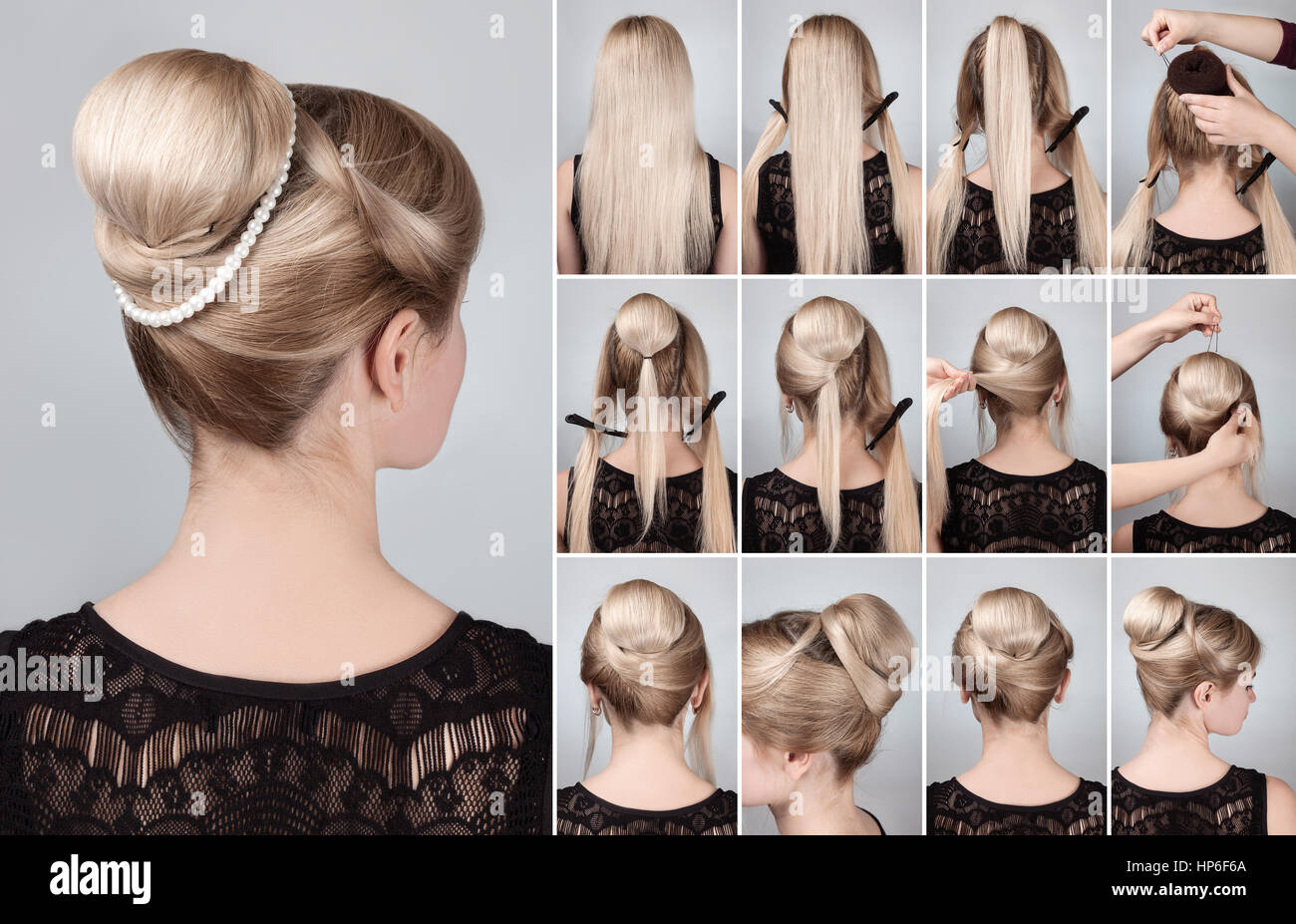 Hairstyle tutorial elegant bun with chignon and string of pearls. Woman ...
