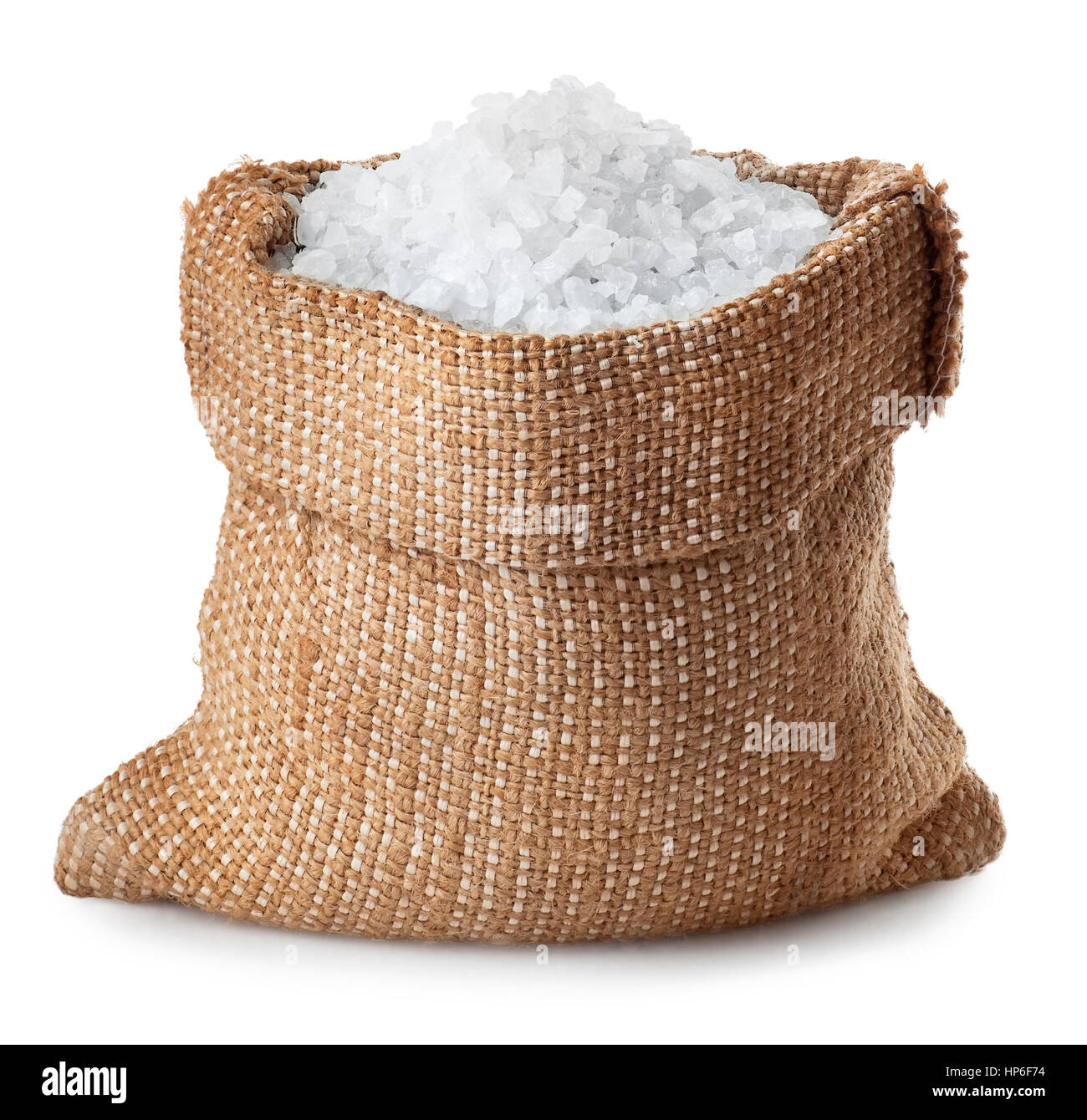 Sea salt in bag isolated on white background. Condiment crystals of sea ...