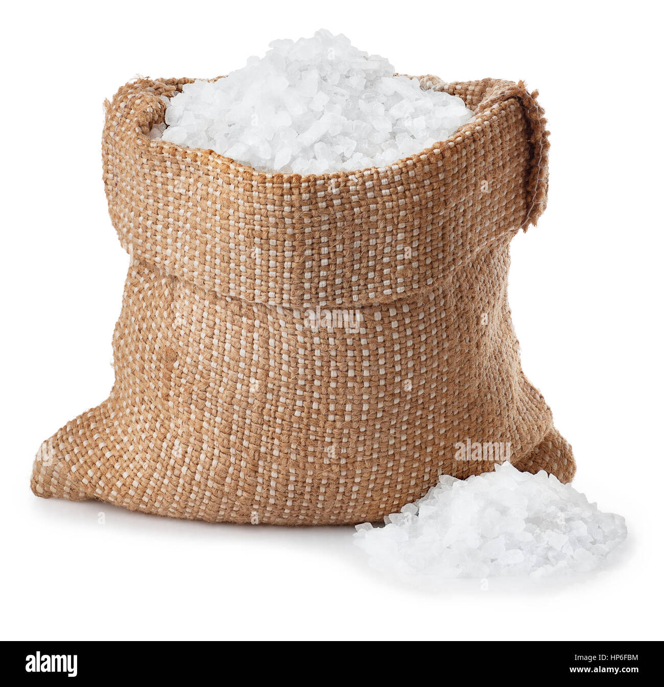 Sea salt in bag with heap isolated on white background. Condiment ...