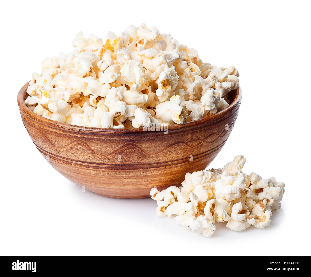 Popcorn in brown bowl on white background. Popcorn. Ceramic bowl full ...