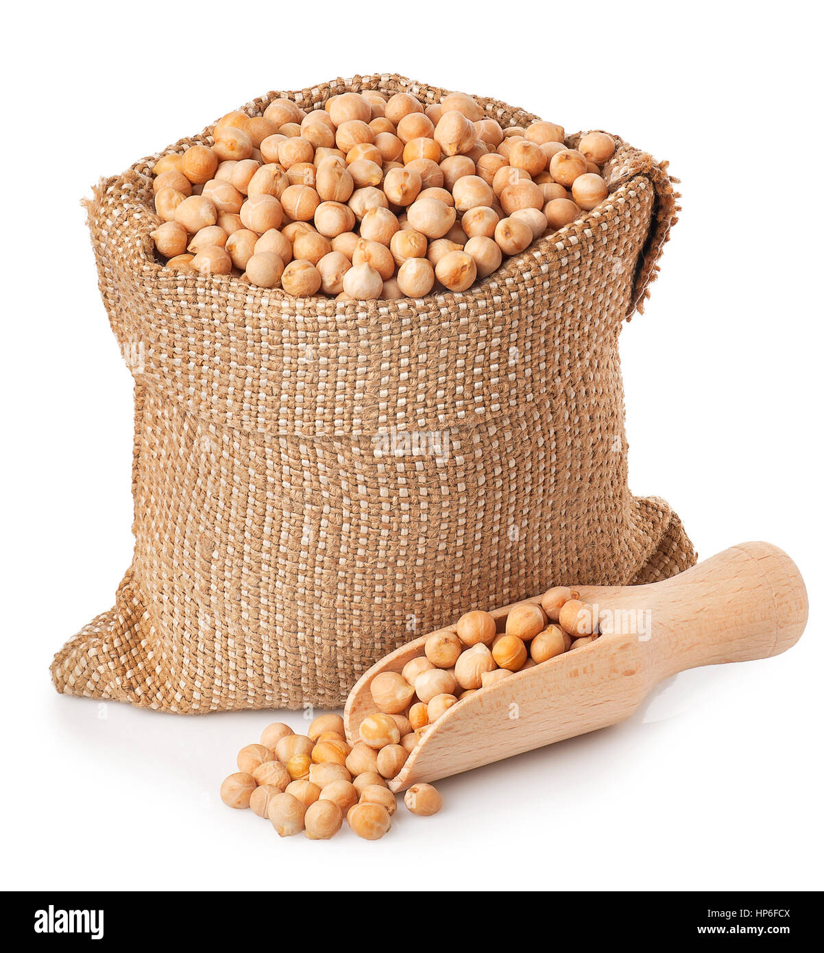 Dry chickpeas in sack with scoop isolated on white background ...
