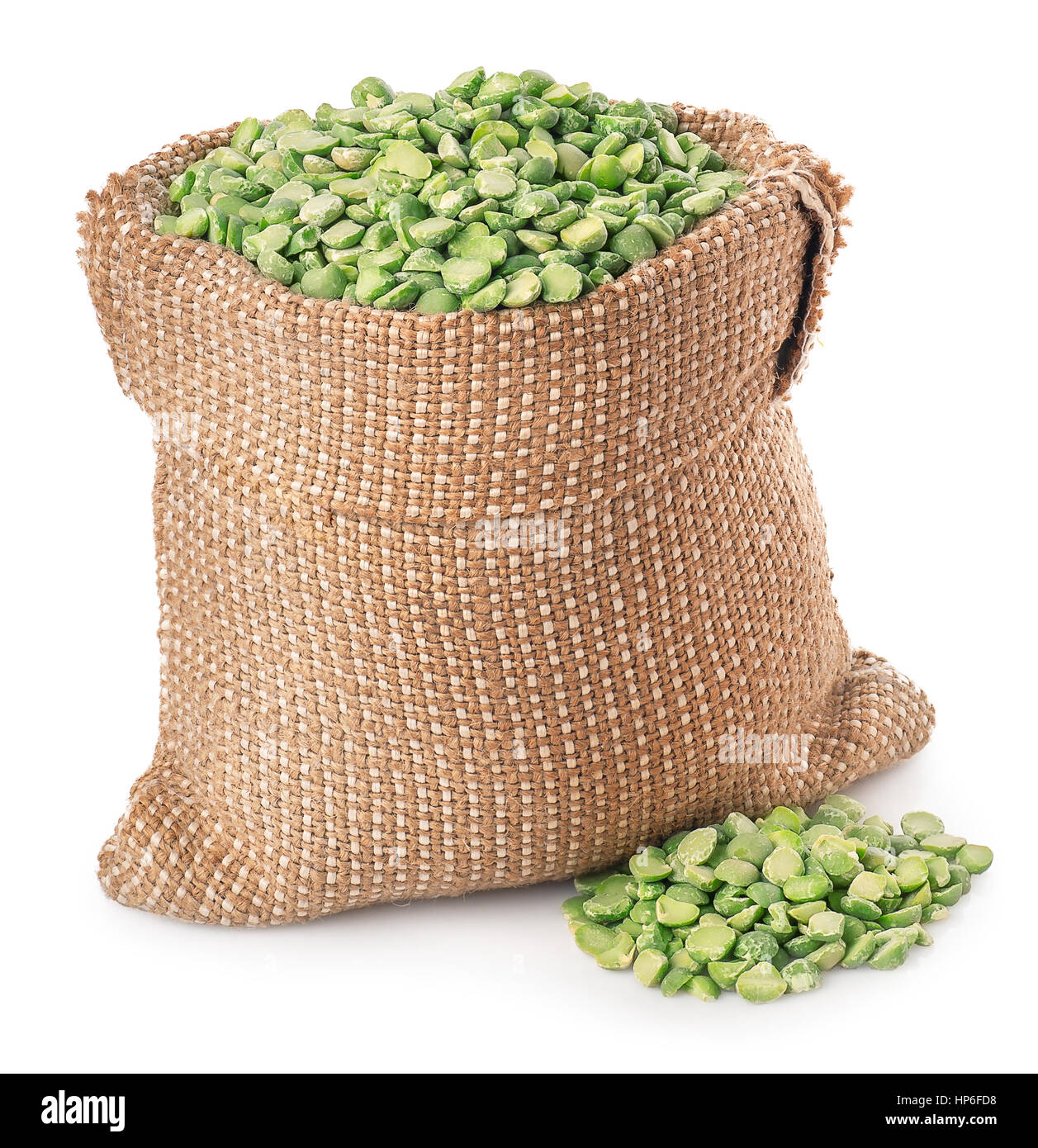 Beans in burlap sack with heap isolated on white background. Split peas ...