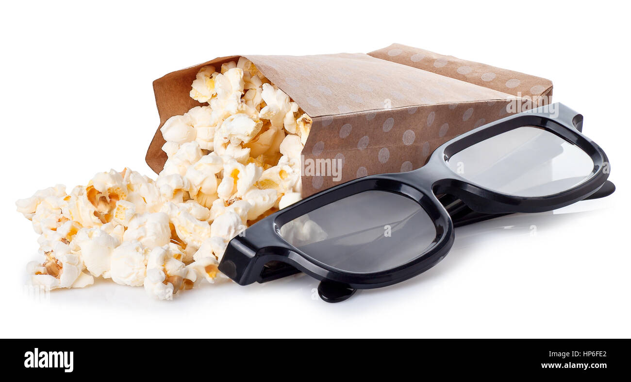 popcorn in paper box with 3d movie glasses isolated on white background ...