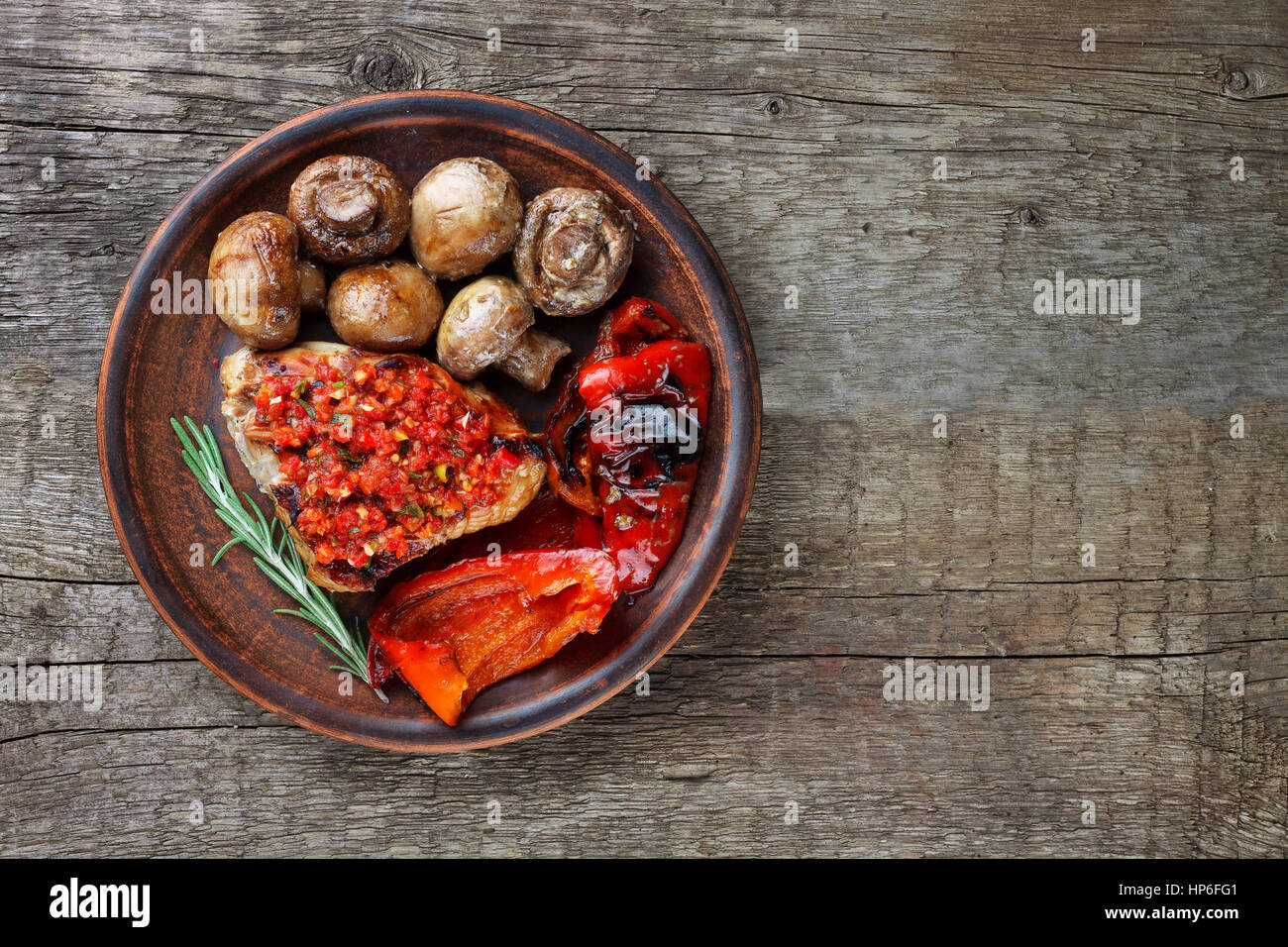 steak and fresh roast vegetables view from above. Overhead view of ...