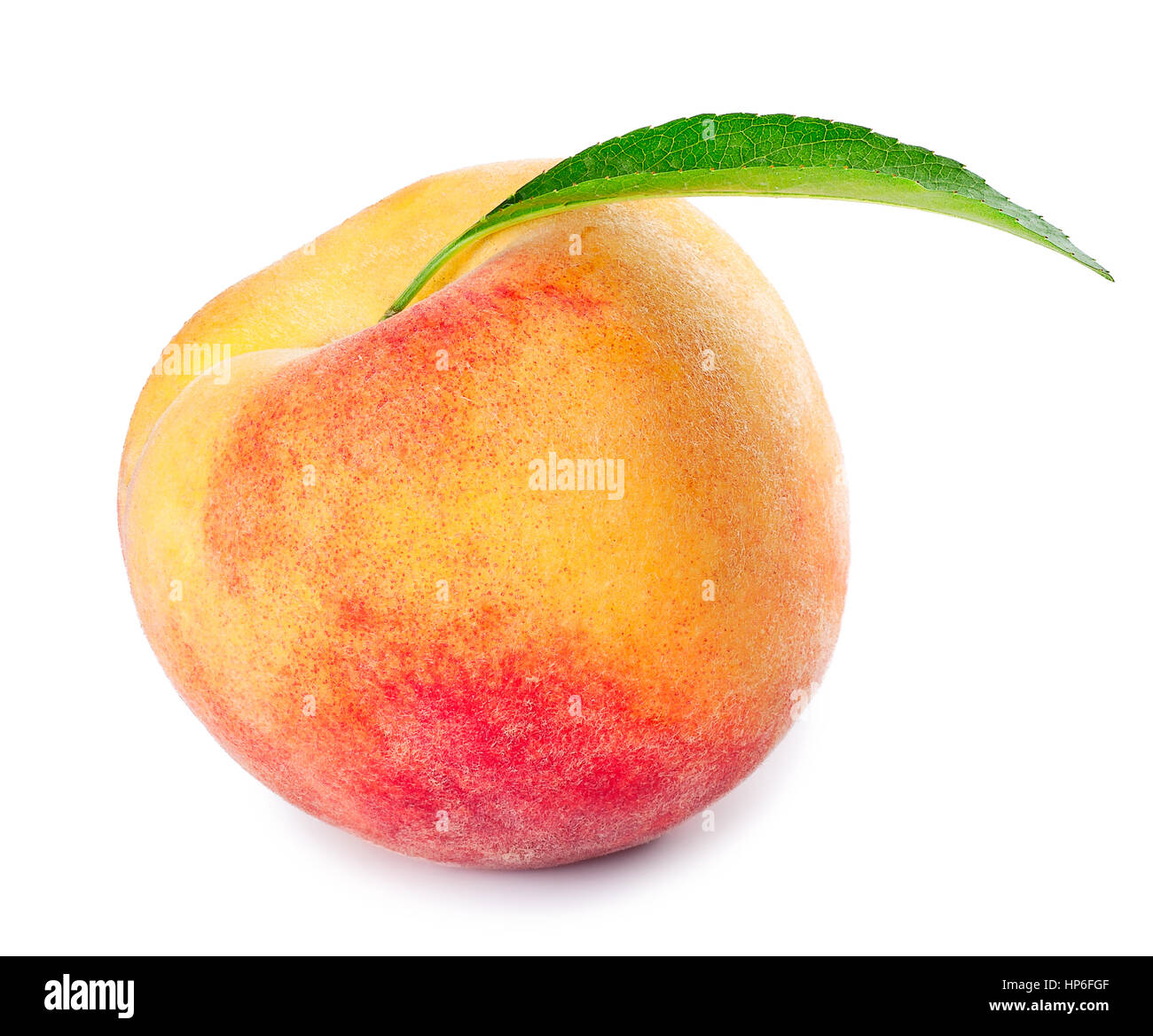 One peach whole fruit with leaf isolated on white background. Isolated ...