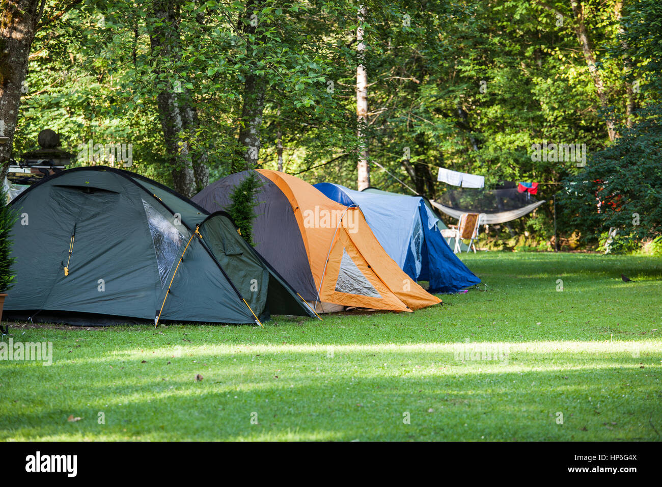 Camping area with tents on green grass lawn Stock Photo - Alamy