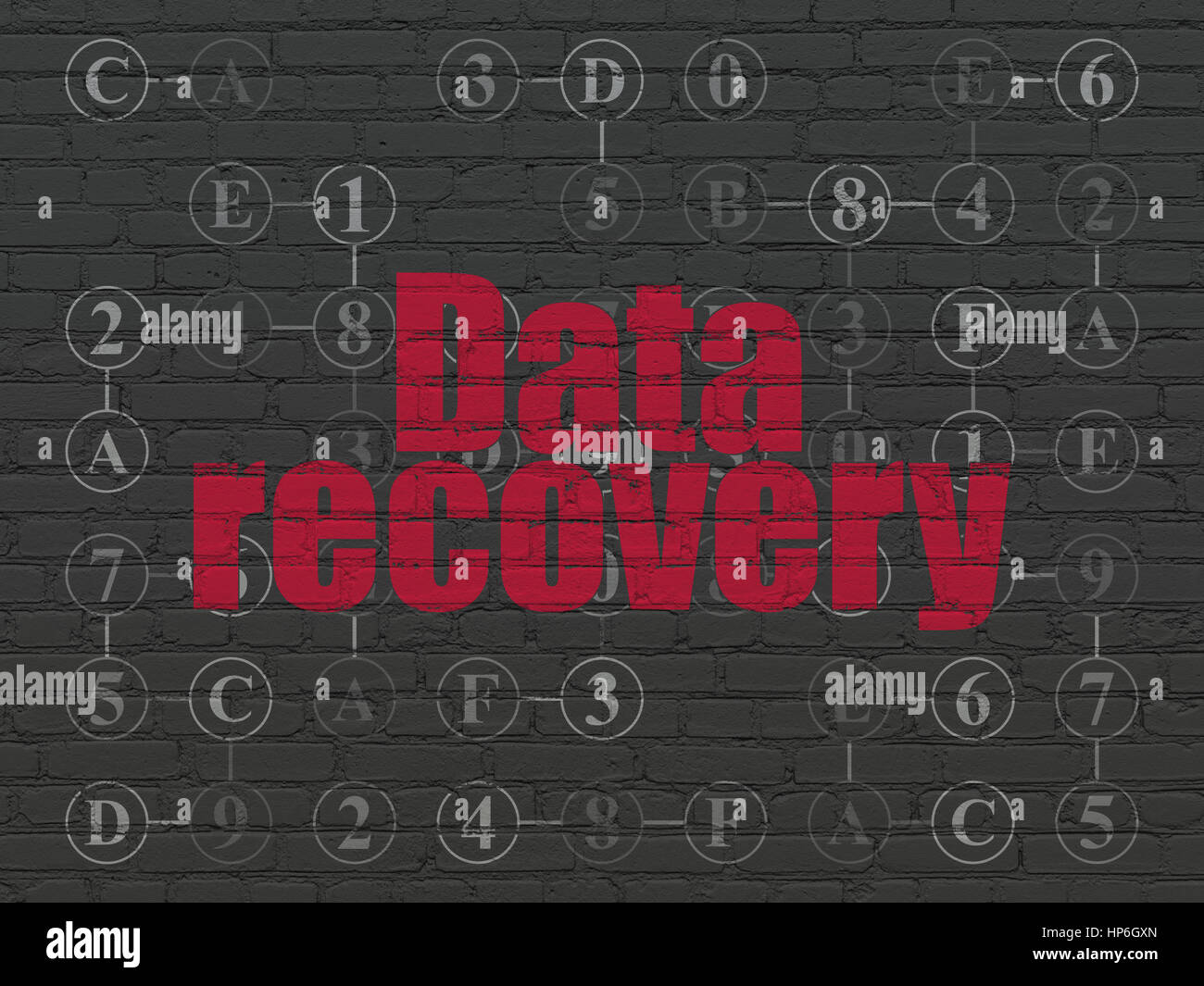 Data concept: Painted red text Data Recovery on Black Brick wall background with Scheme Of ...