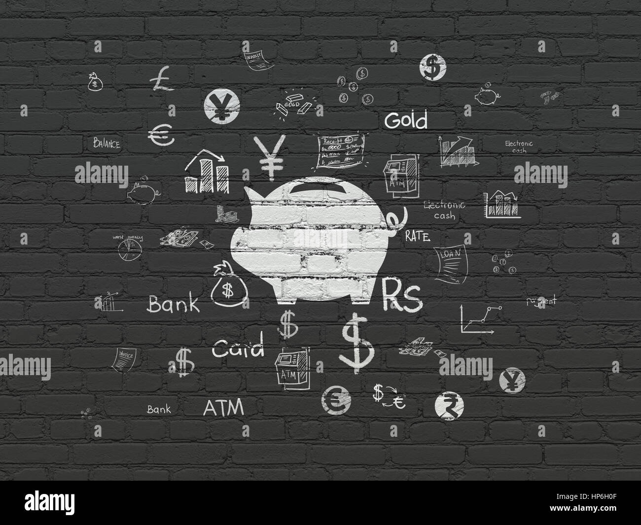 Currency concept: Painted white Money Box icon on Black Brick wall ...
