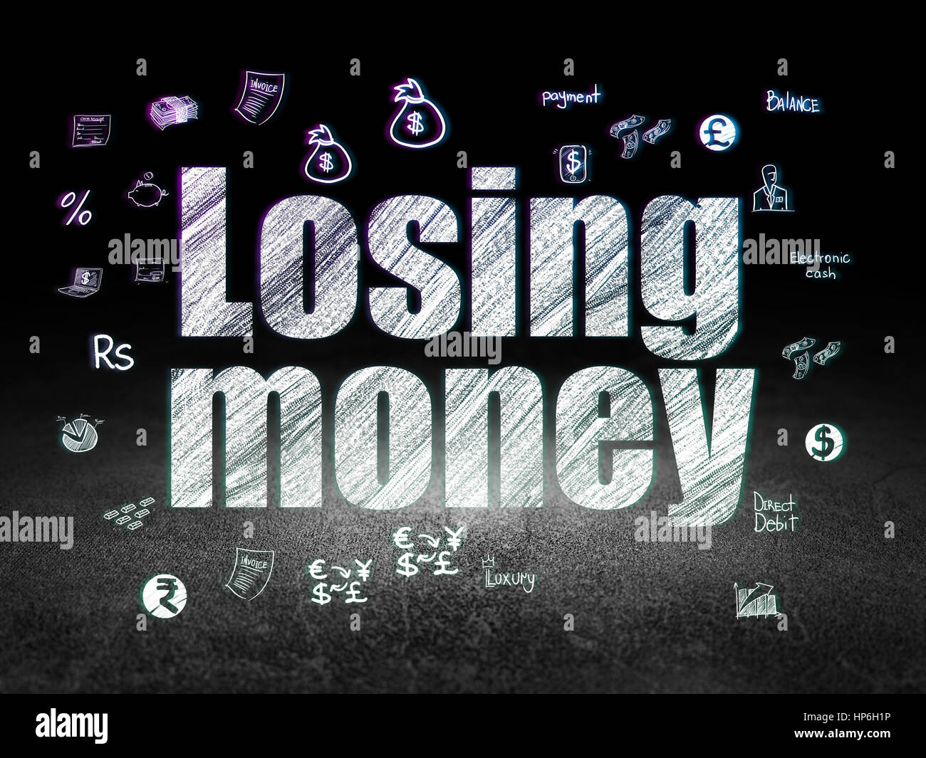 Money concept: Glowing text Losing Money, Hand Drawn Finance Icons in ...