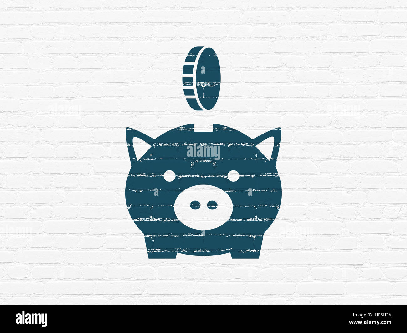 Currency concept: Painted blue Money Box With Coin icon on White Brick ...