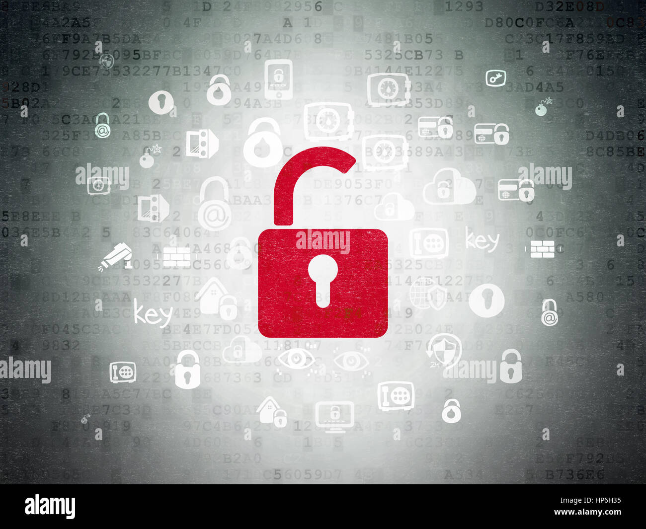 Safety concept: Painted red Opened Padlock icon on Digital Data Paper background with Hand Drawn ...