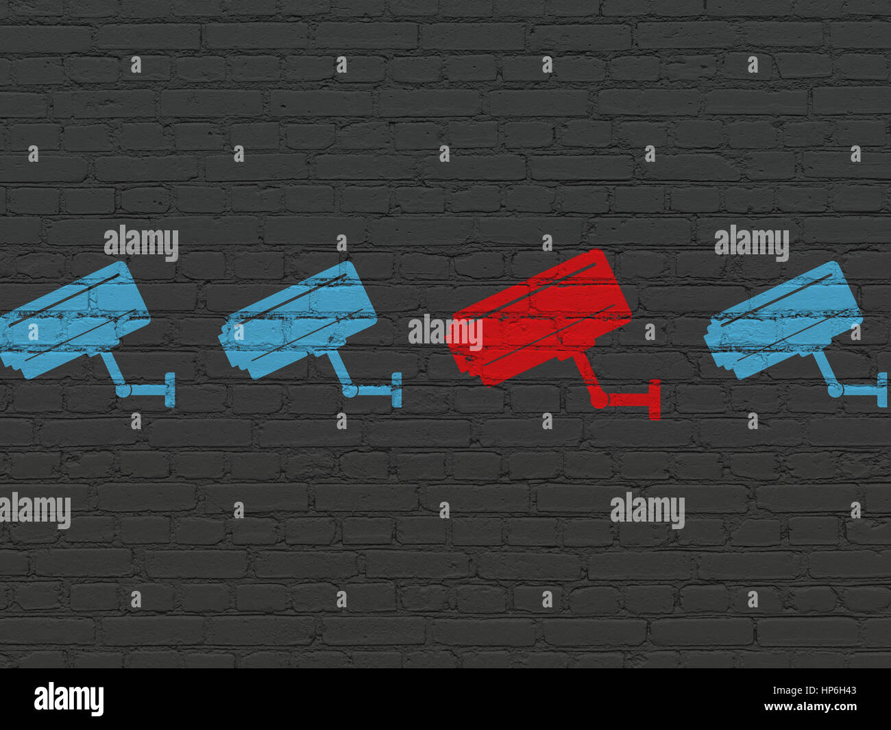 Privacy concept: row of Painted blue cctv camera icons around red cctv ...