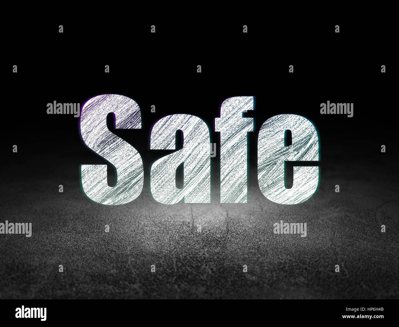 Safety concept: Glowing text Safe in grunge dark room with Dirty Floor ...