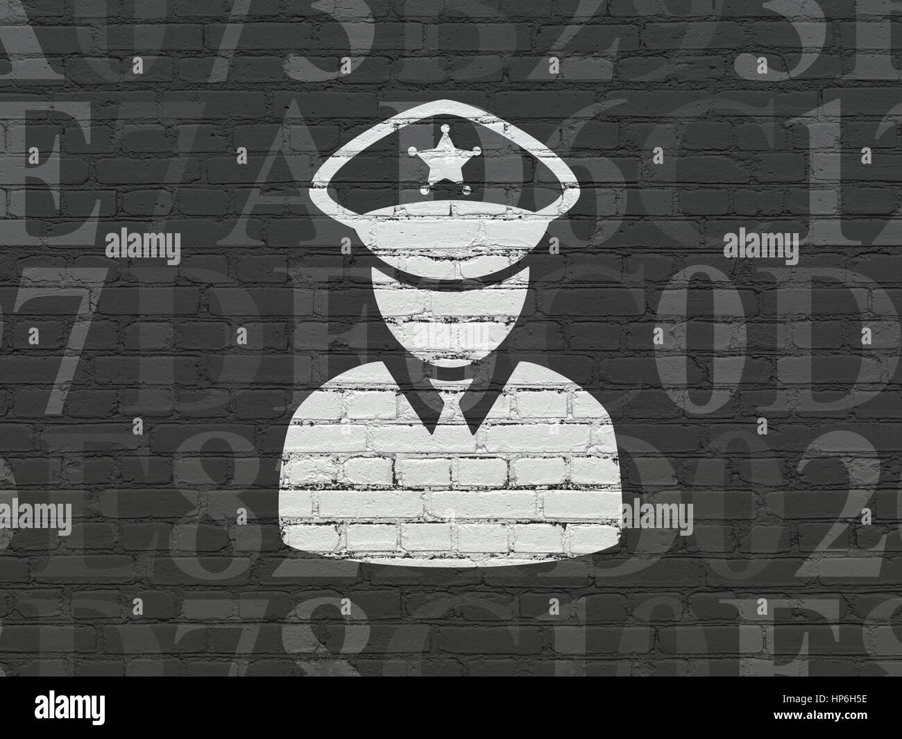 Privacy concept: Painted white Police icon on Black Brick wall ...