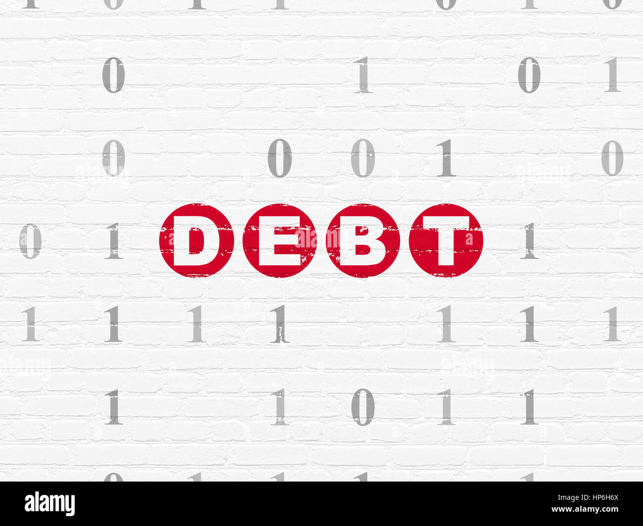 Business concept: Painted red text Debt on White Brick wall background with Binary Code Stock ...
