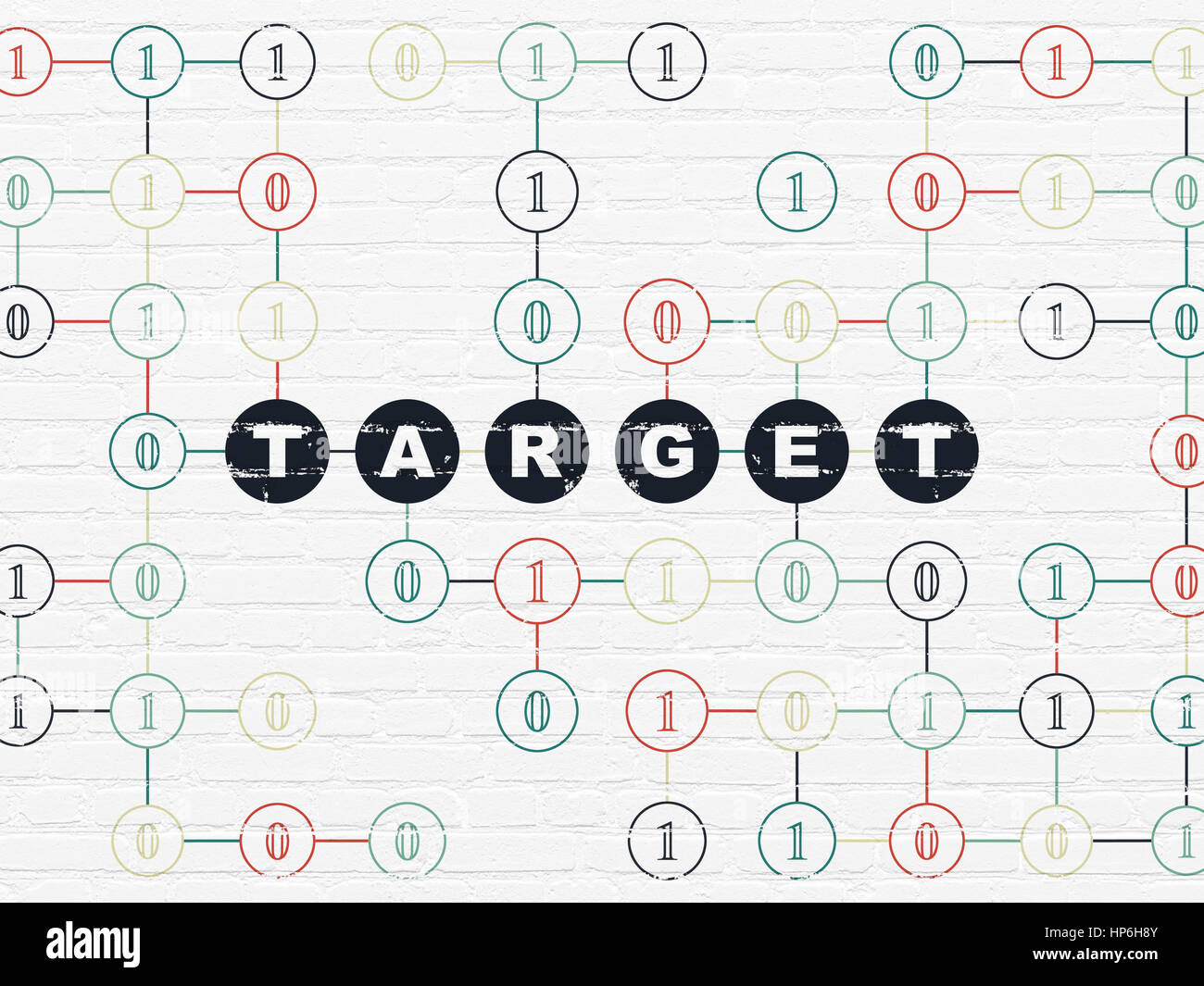 Business concept: Painted black text Target on White Brick wall background with Binary Code ...