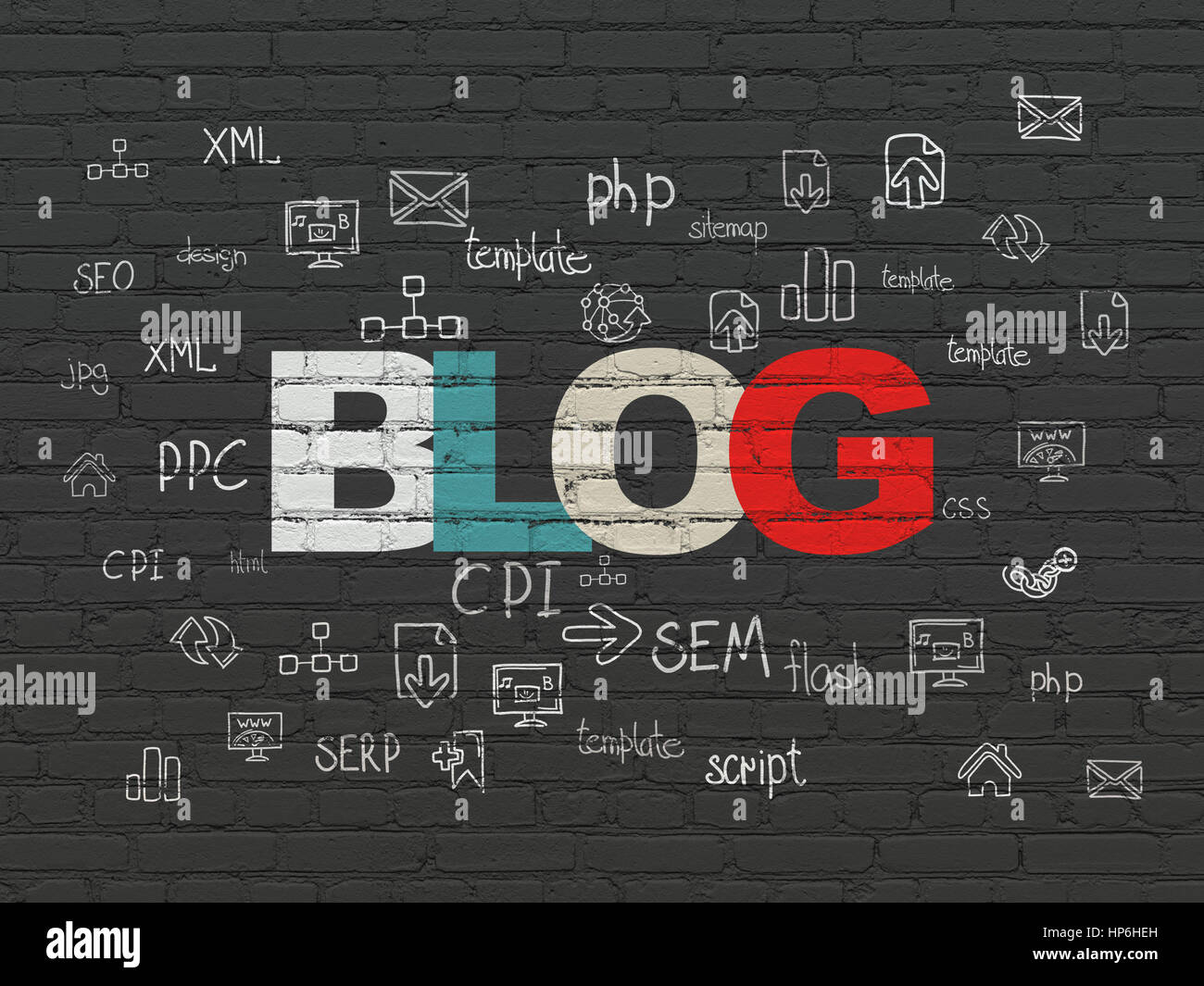 Web development concept: Painted multicolor text Blog on Black Brick ...