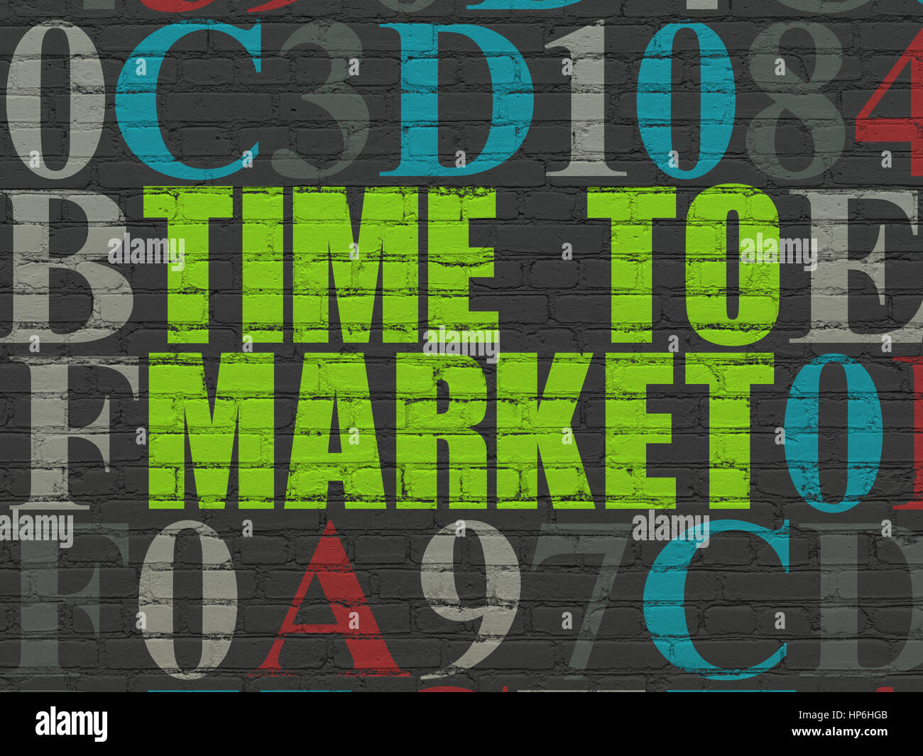 Timeline concept: Painted green text Time to Market on Black Brick wall background with ...