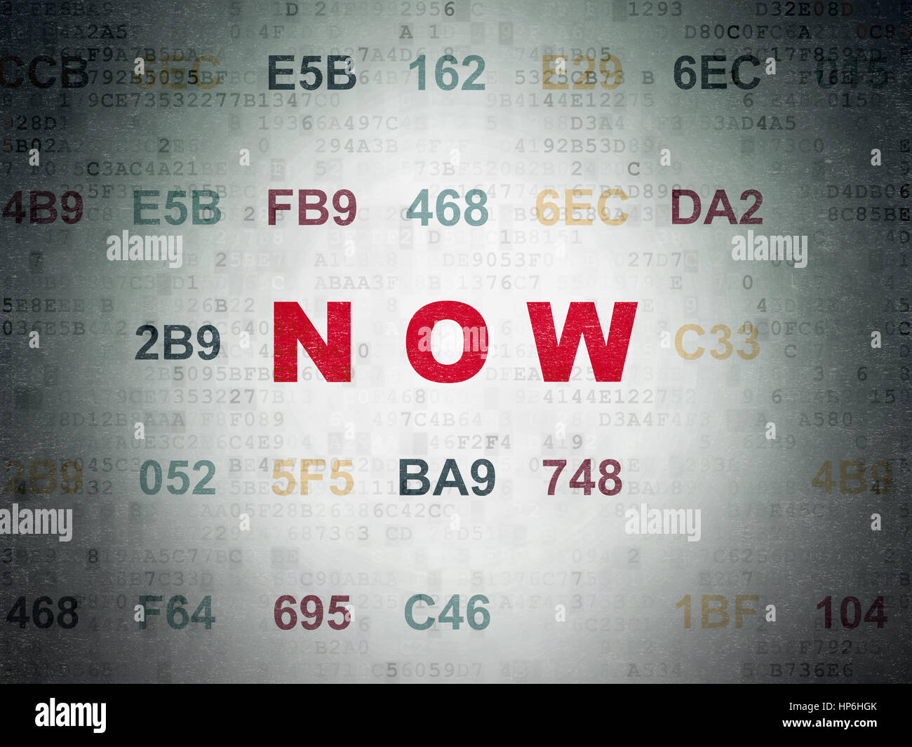 Time concept: Painted red text Now on Digital Data Paper background with Hexadecimal Code Stock ...