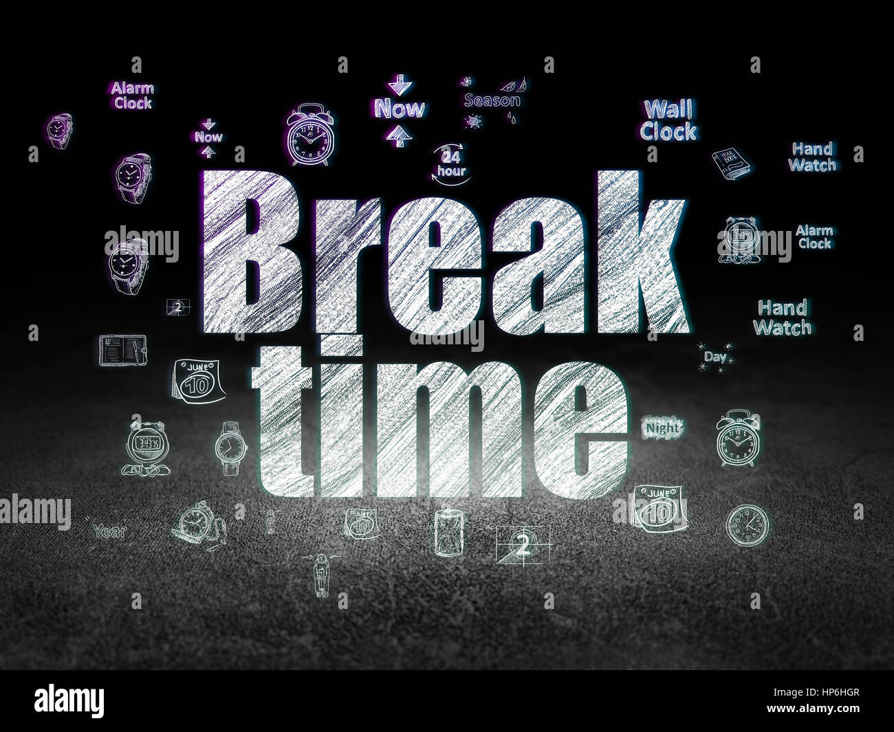 Time concept: Glowing text Break Time, Hand Drawing Time Icons in ...