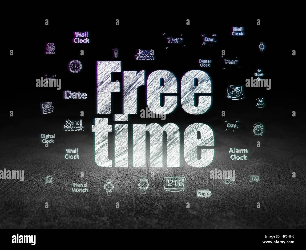 Timeline concept: Glowing text Free Time, Hand Drawing Time Icons in ...