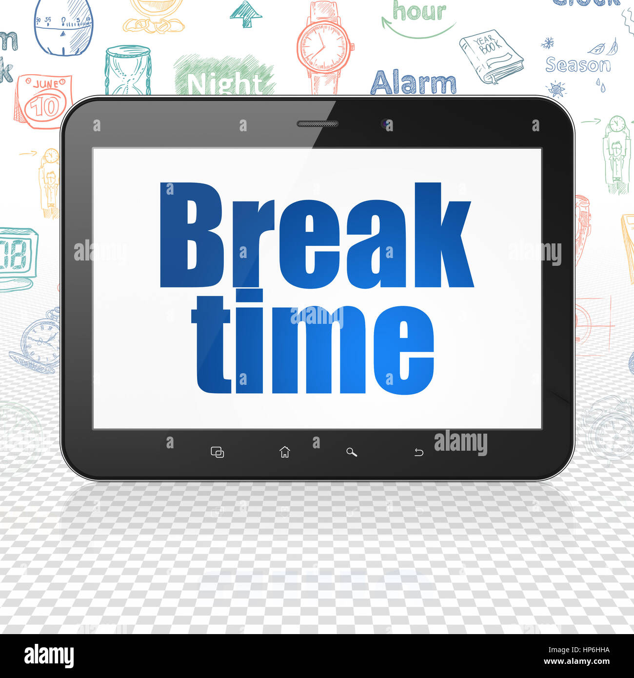 Timeline concept: Tablet Computer with blue text Break Time on display ...