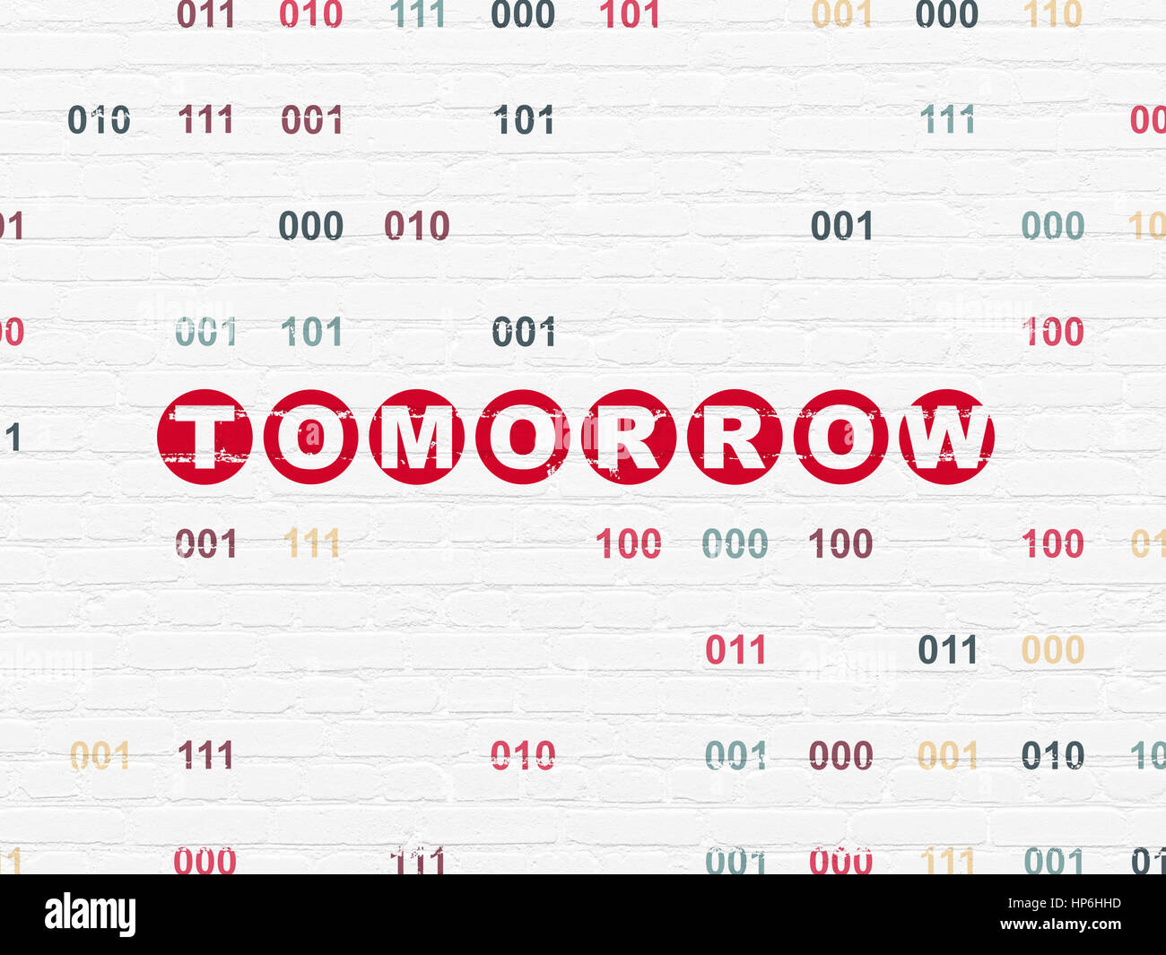 Timeline concept: Painted red text Tomorrow on White Brick wall background with Binary Code ...