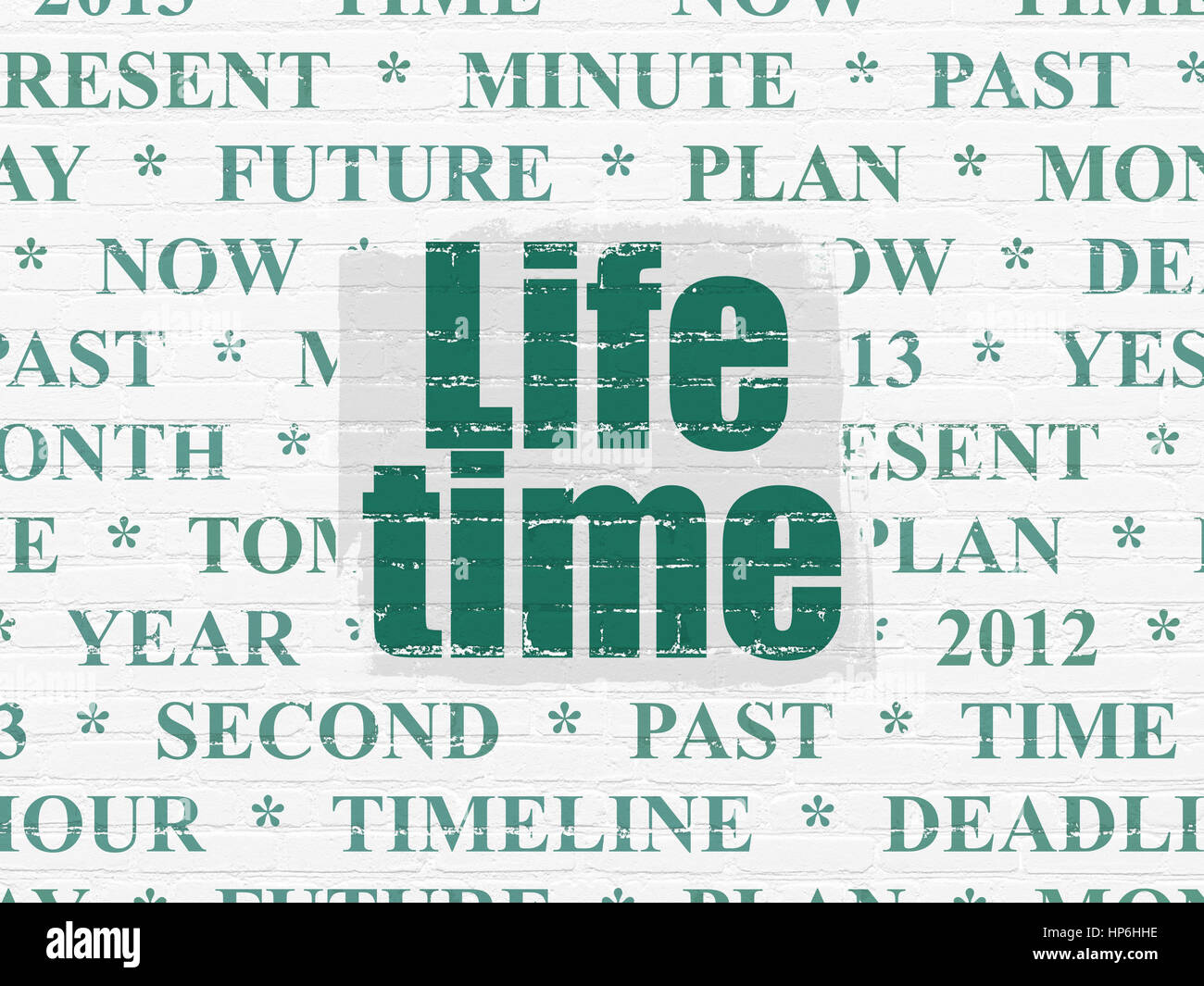 Time concept: Painted green text Life Time on White Brick wall ...